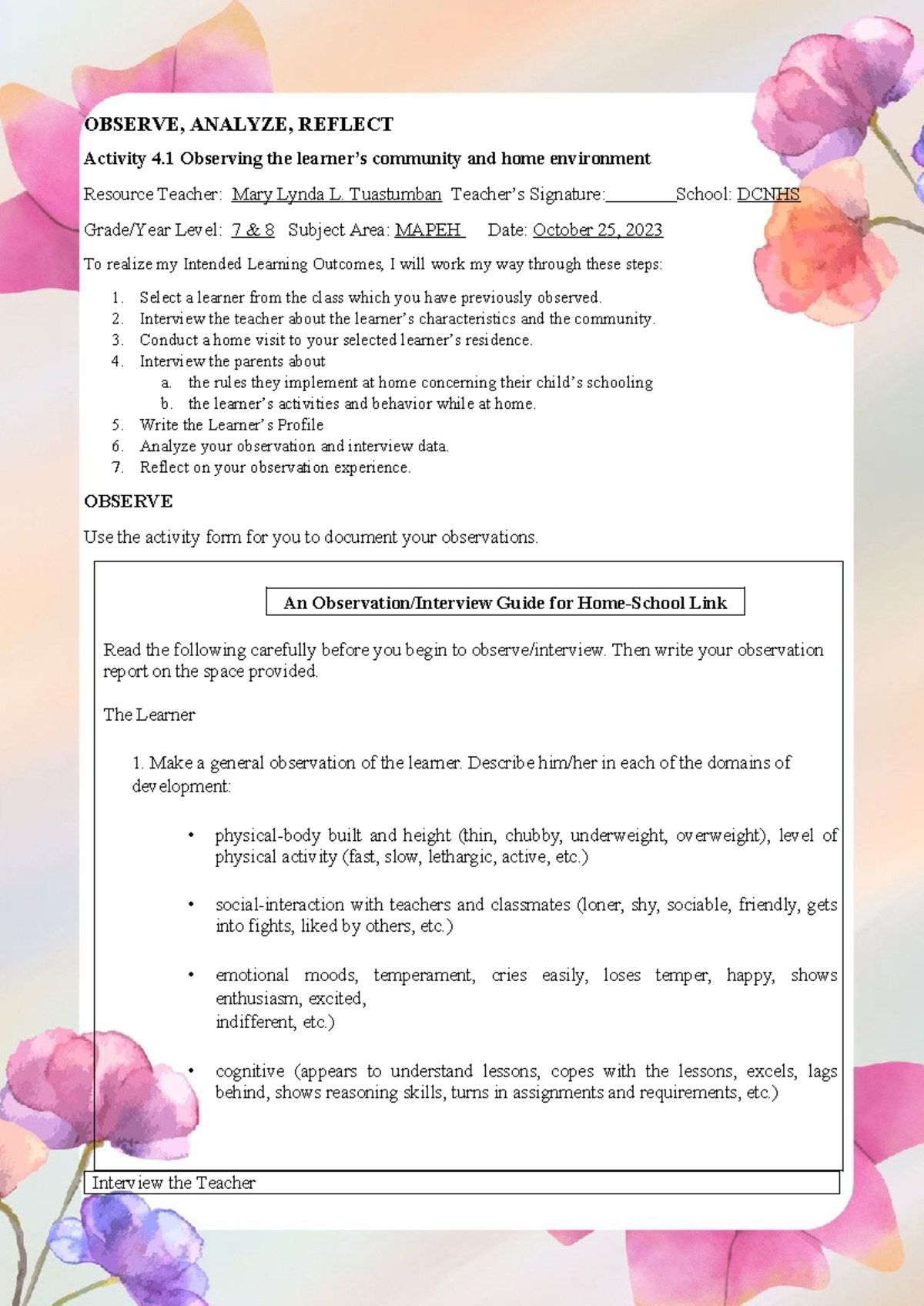 Episode-4 - Key Answer - OBSERVE, ANALYZE, REFLECT Activity 4 Observing ...