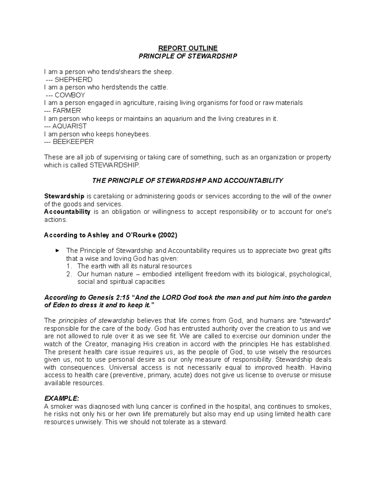 Report outline - stewardship in health ethics - REPORT OUTLINE ...