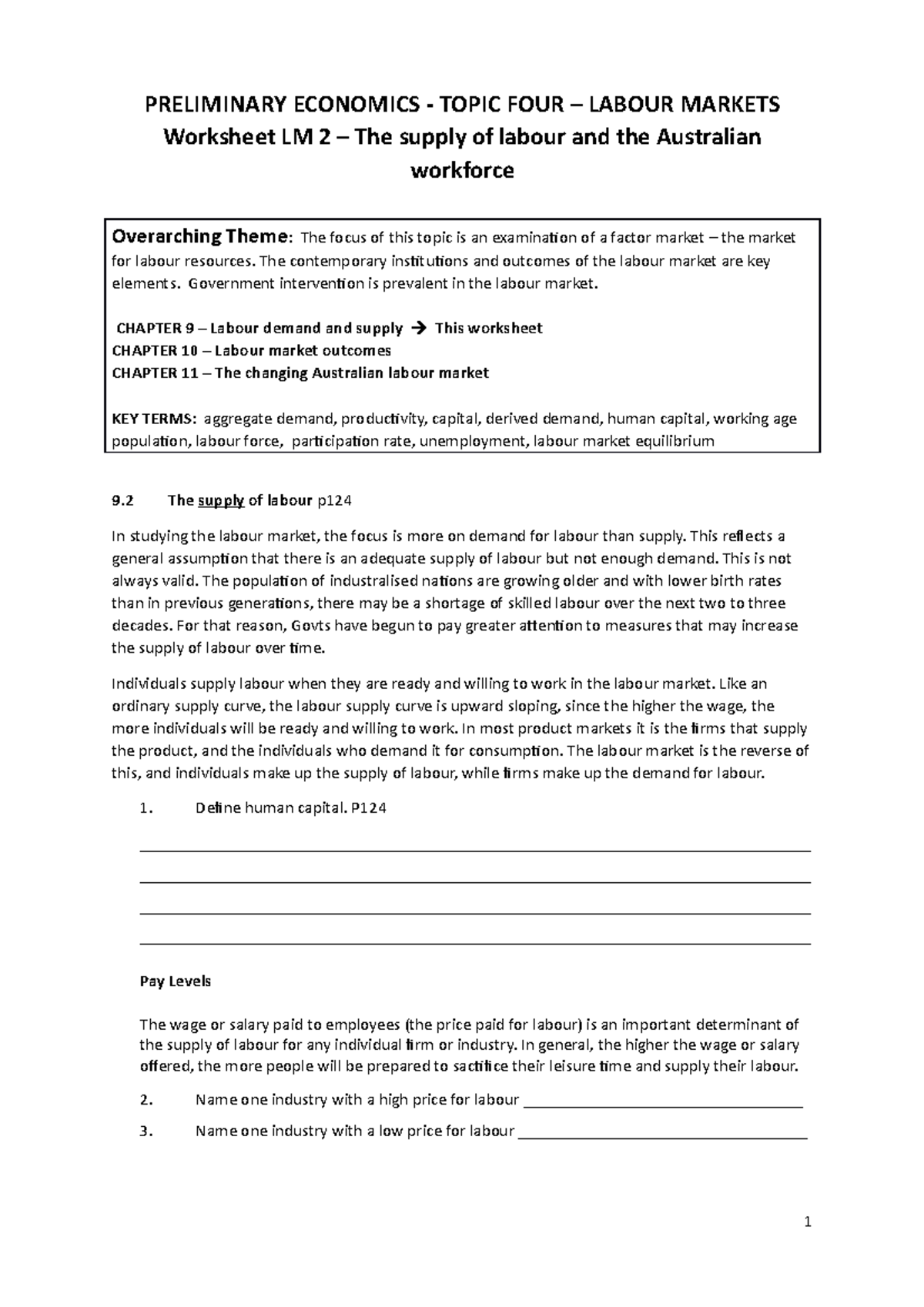 worksheet LM2 - labour supply aust WF ch9 - PRELIMINARY ECONOMICS ...