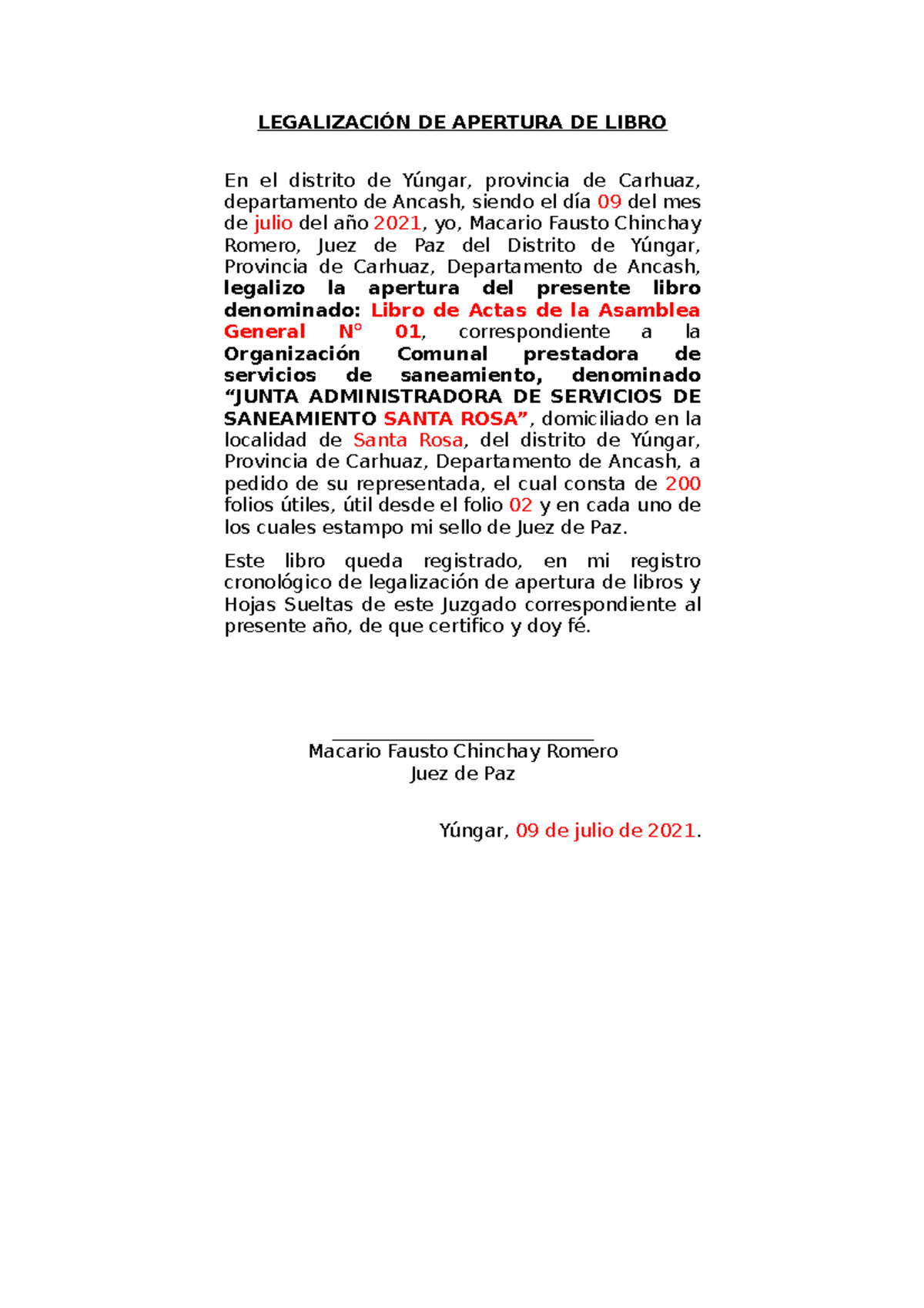 Legalizacion - Legalización - LEGALIZACIÓN DE APERTURA DE LIBRO En el distrito de Yúngar ...