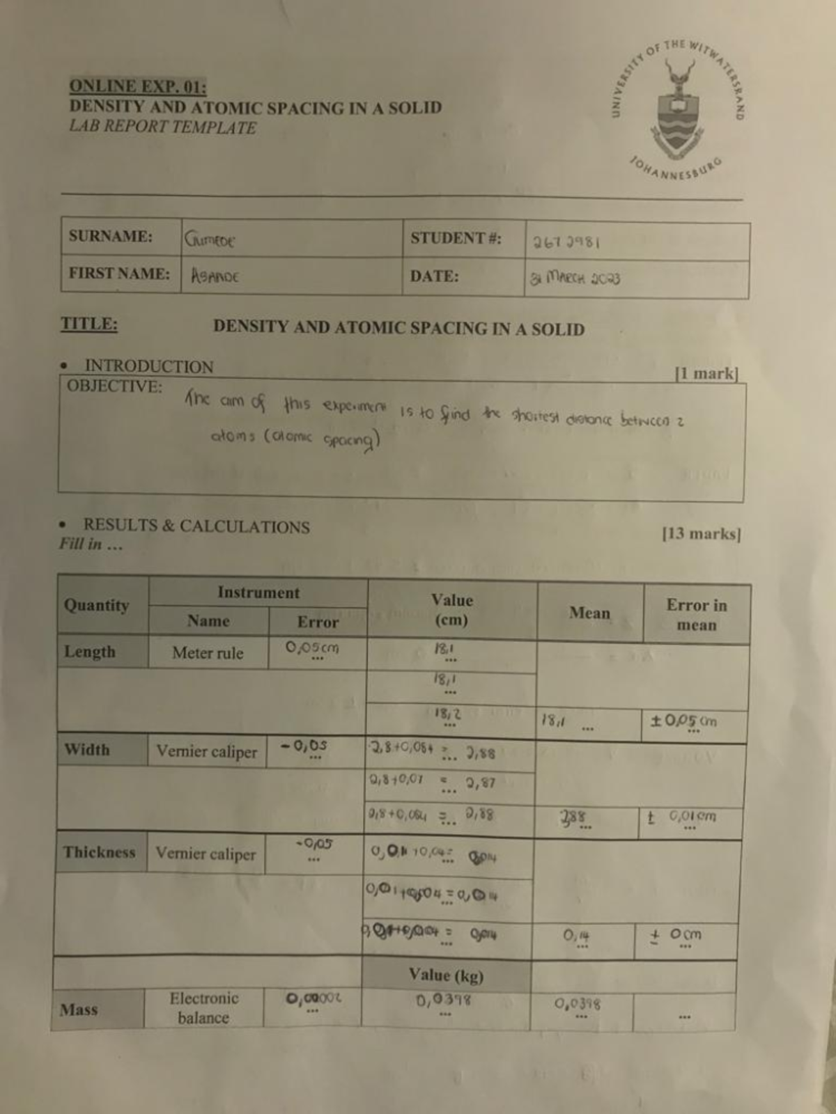 2672981 lab report 1 - lab 1 - ONLINE EXP. 01: DENSITY AND ATOMIC ...