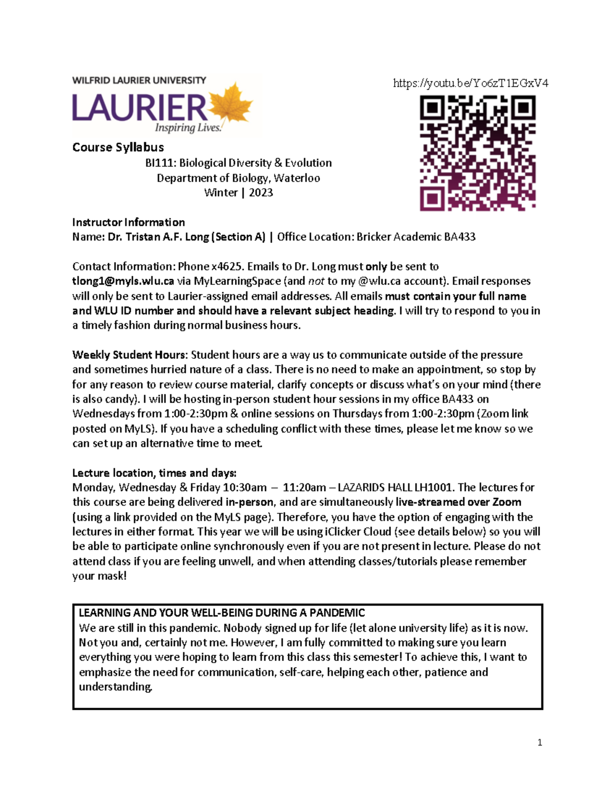 BI111 W23 syllabus - Important info - Course Syllabus BI111: Biological ...