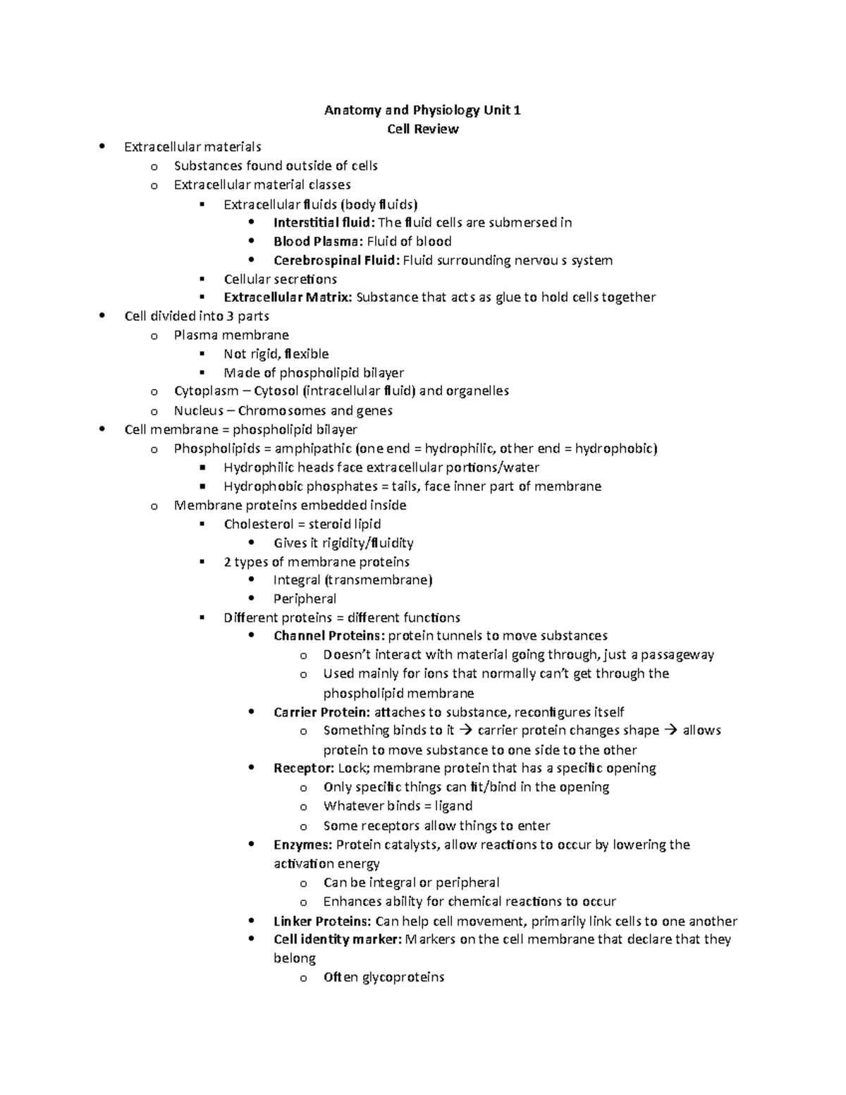 BIOL 430: Advanced Human Anatomy and Physiology I; Unit 1 - Cell Review ...