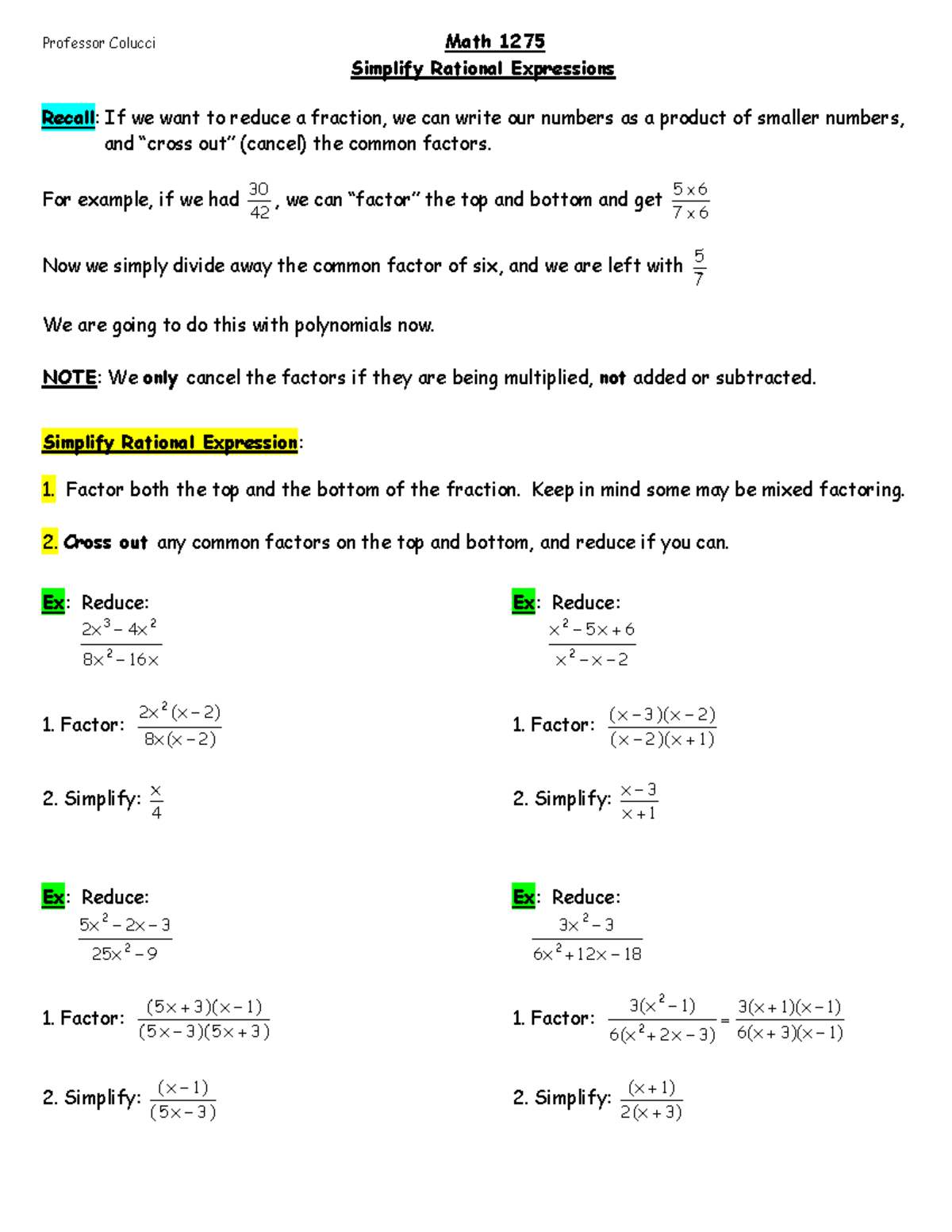 MA1275-Lesson 6 (Simplify Rational) - Professor Colucci Math 1275 ...
