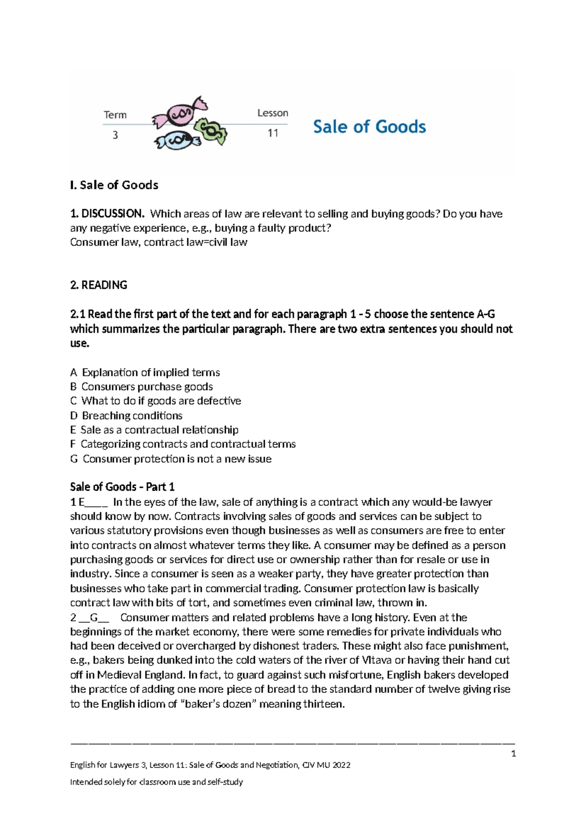Lesson 11 Sale of Goods and Negotiation - I. Sale of Goods 1 ... Lesson 11 Sale of Goods and Negotiation - I. Sale of Goods 1 ...