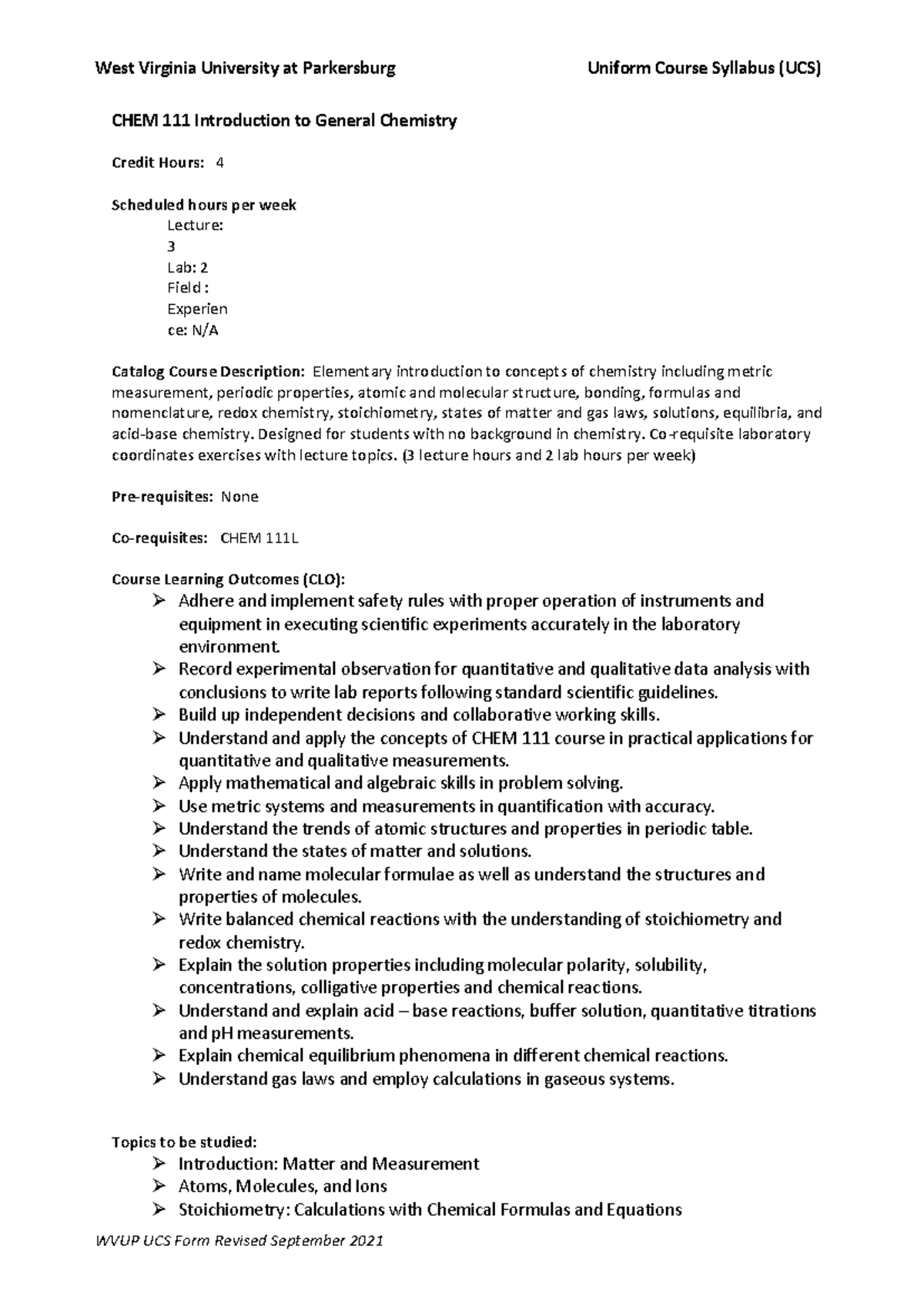 CHEM-111 UCS - This talks about general chemistry - West Virginia ...