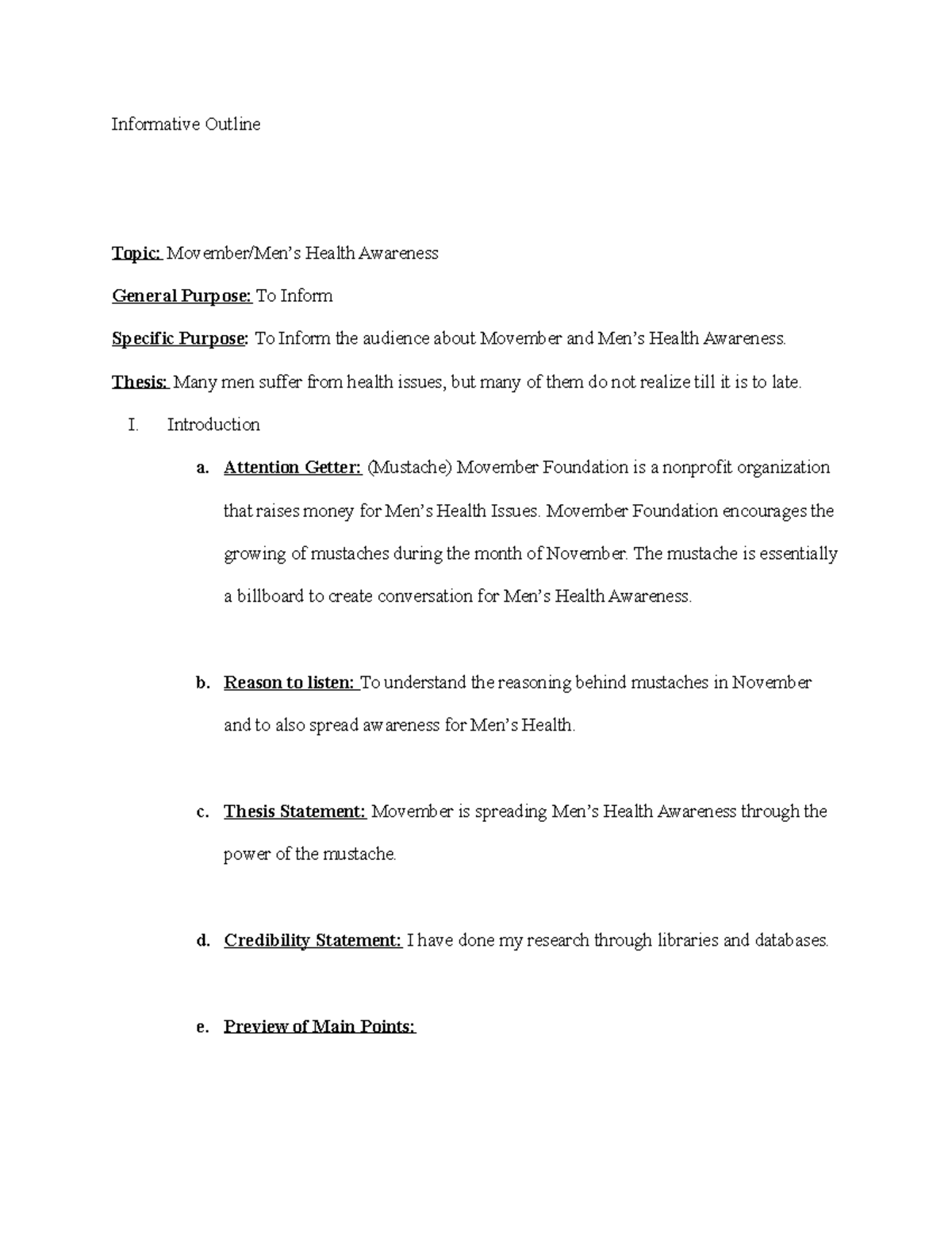 Mens Health Awareness Speech Outline - Informative Outline Topic ...
