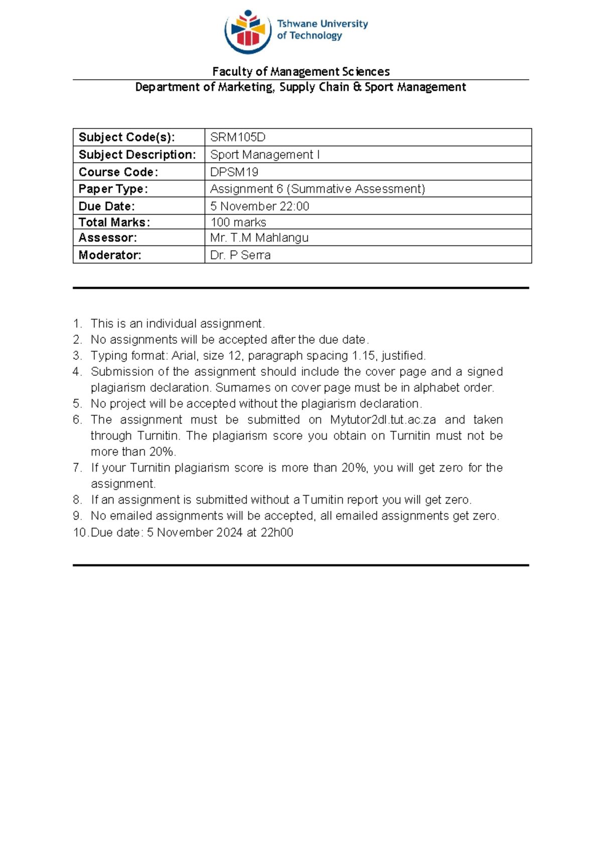 Assignment 6 Summative - Faculty of Management Sciences Department of ...