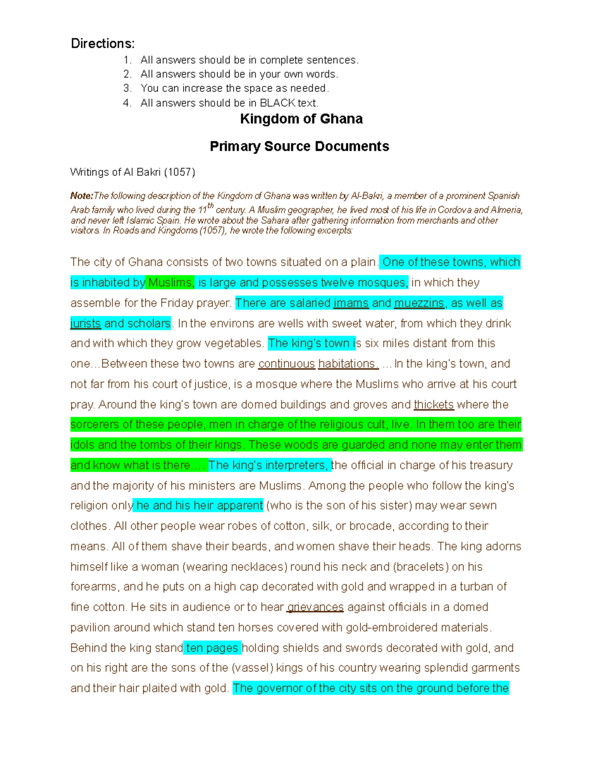 TD-Later African Primary sources student - 1. All answers should be in ...