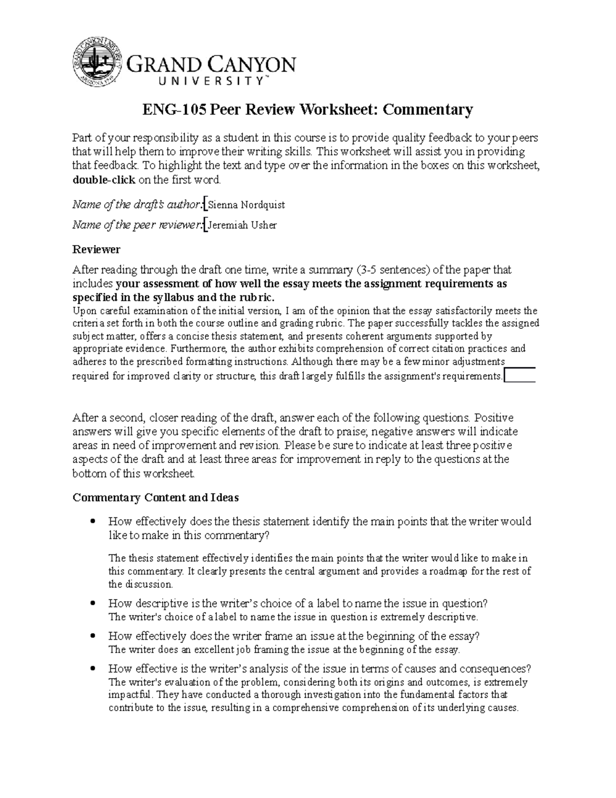 ENG-105-RS-Commentary Peer Review Worksheet (2) - ENG-105 - GCU - Studocu