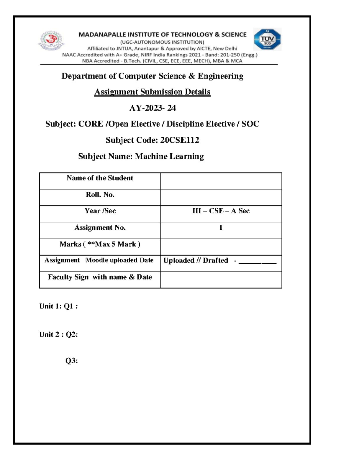 Pds assignment front page - Department of Computer Science & Engineering Assignment Submission ...