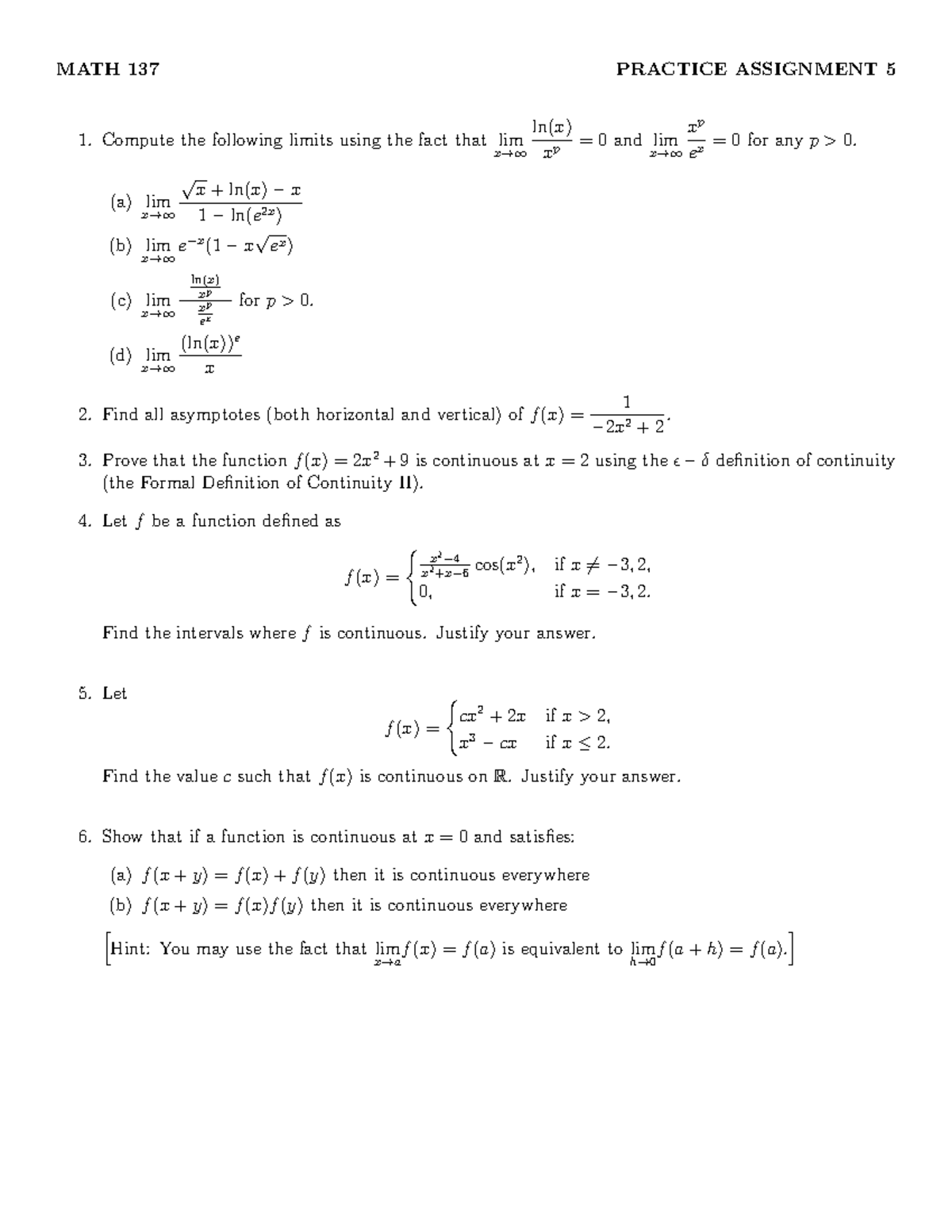 Assign 5 - 137 - F19 - MATH137 A5 F19 - MATH 137 PRACTICE ASSIGNMENT 5 ...