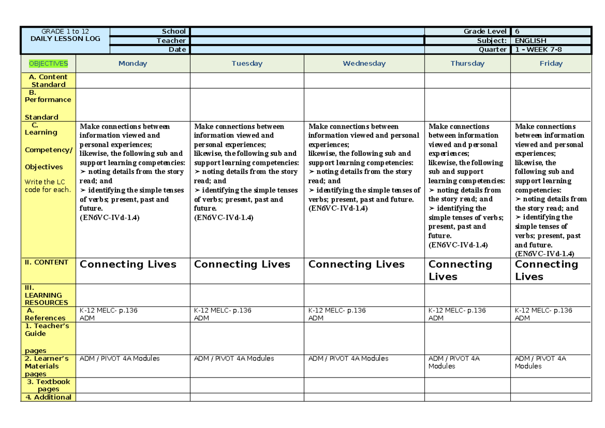 WEEK8-dll- English - dll - GRADE 1 to 12 DAILY LESSON LOG School Grade ...