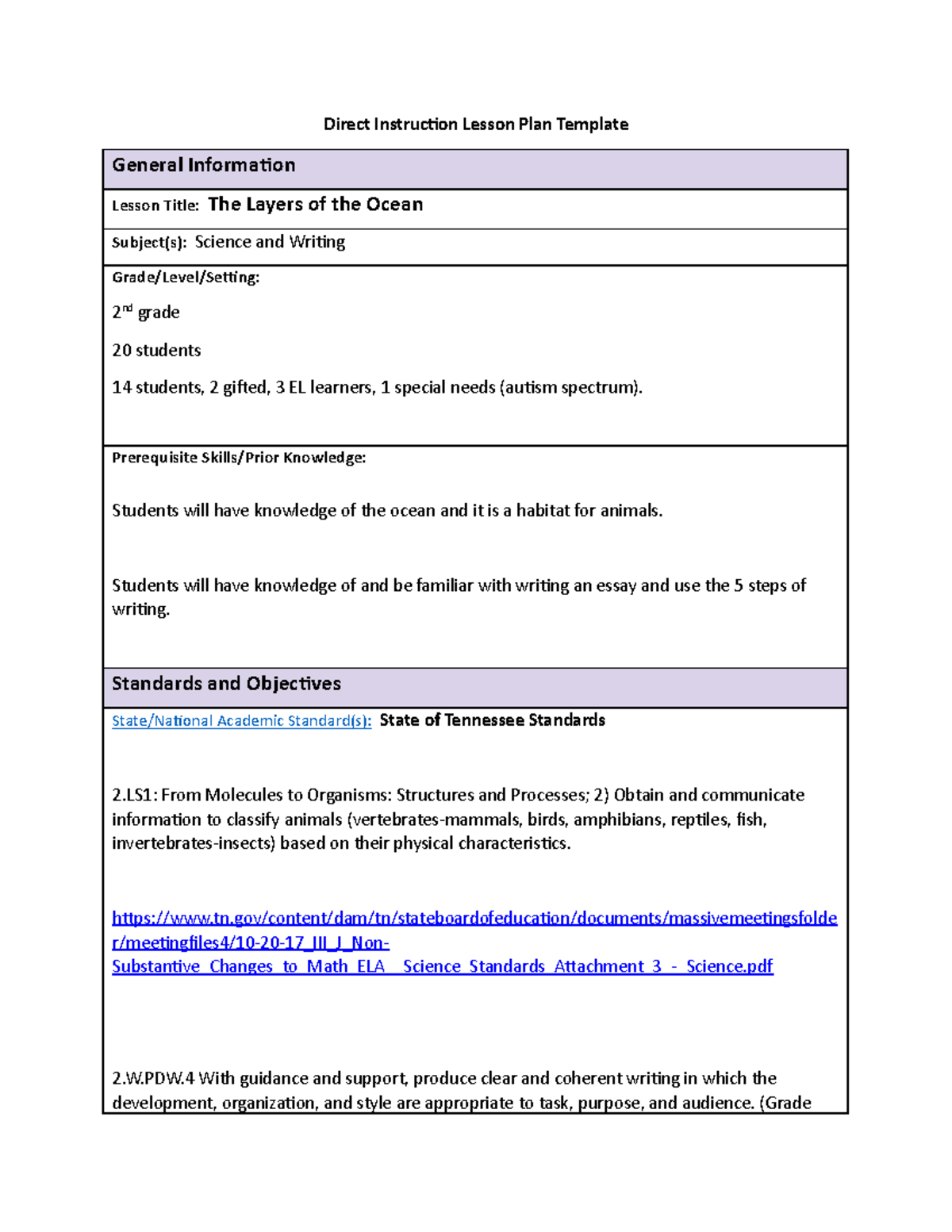 WGU Lesson Plan Disciplinary Writing Task 2 Direct Instruction