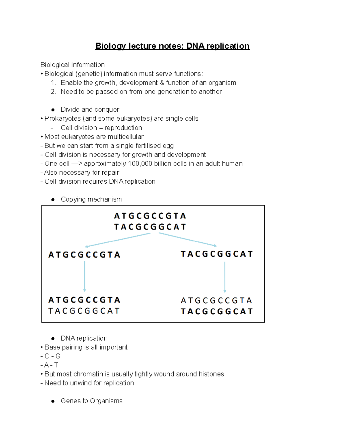 Biology lecture notes DNA replication - Biology lecture notes: DNA ...