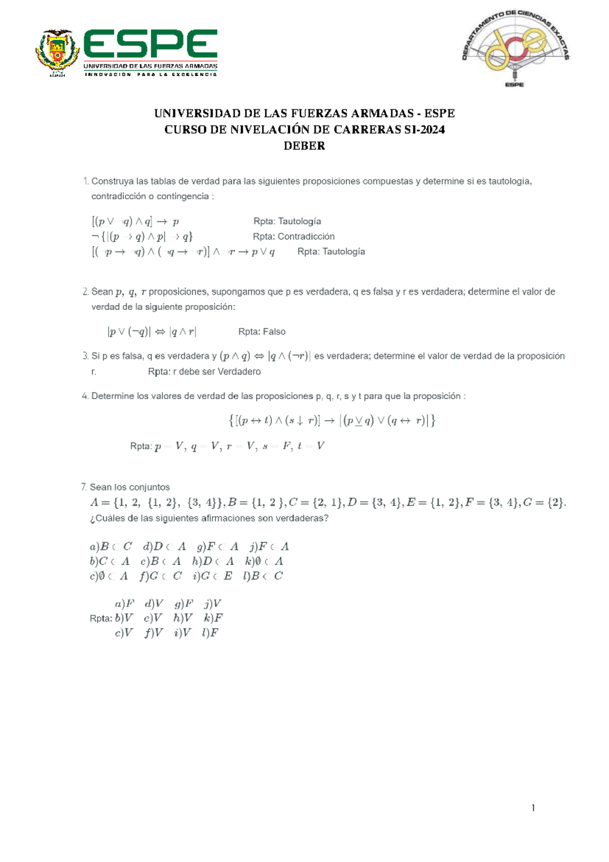 Lógica y Conjuntos - Algebra Lineal - 1 UNIVERSIDAD DE LAS FUERZAS ...