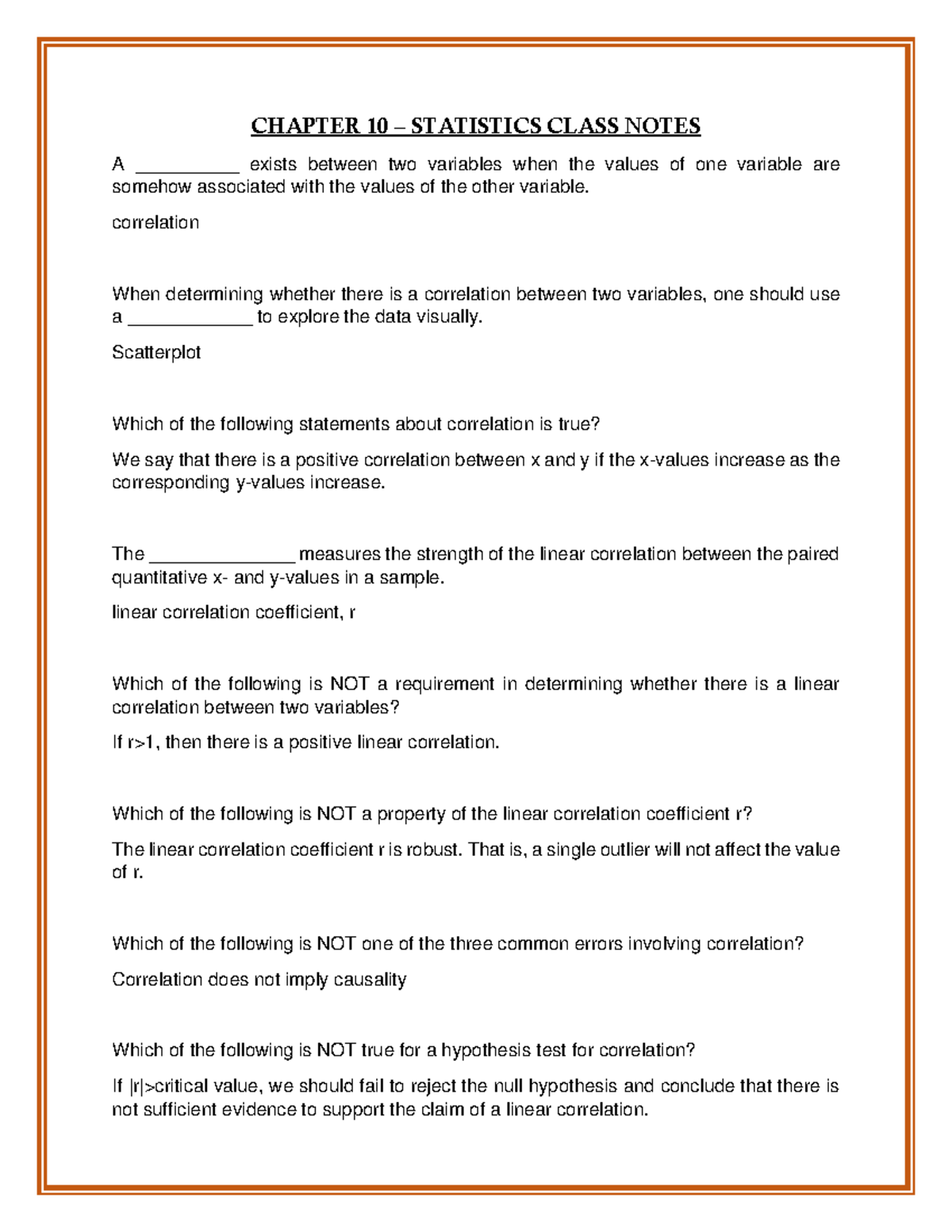 Chapter 10 – Statistics Class Notes - CHAPTER 10 – STATISTICS CLASS ...