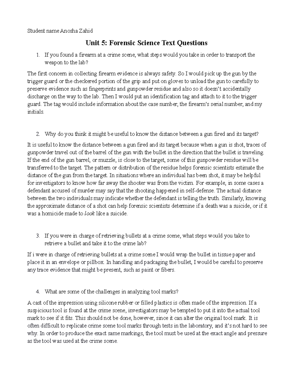 Unit 5 Forensic Science Text Questions - Student name Anosha Zahid Unit ...