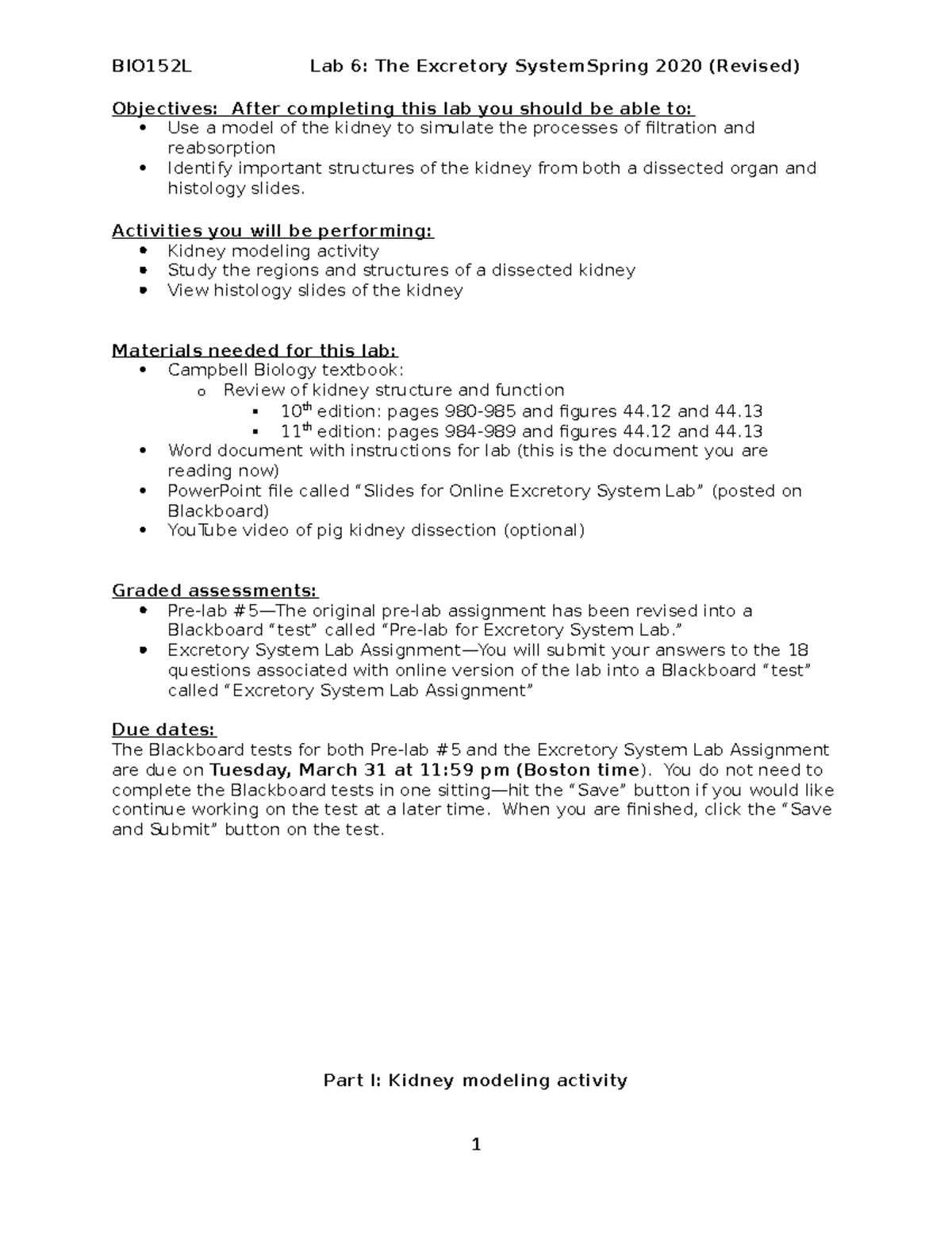 Instructions and Procedure for Excretory System Lab - Objectives: After ...