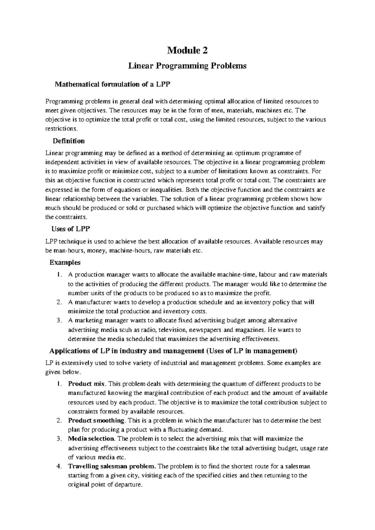 Or Unit 2 Class Notes Module 2 Linear Programming Problems
