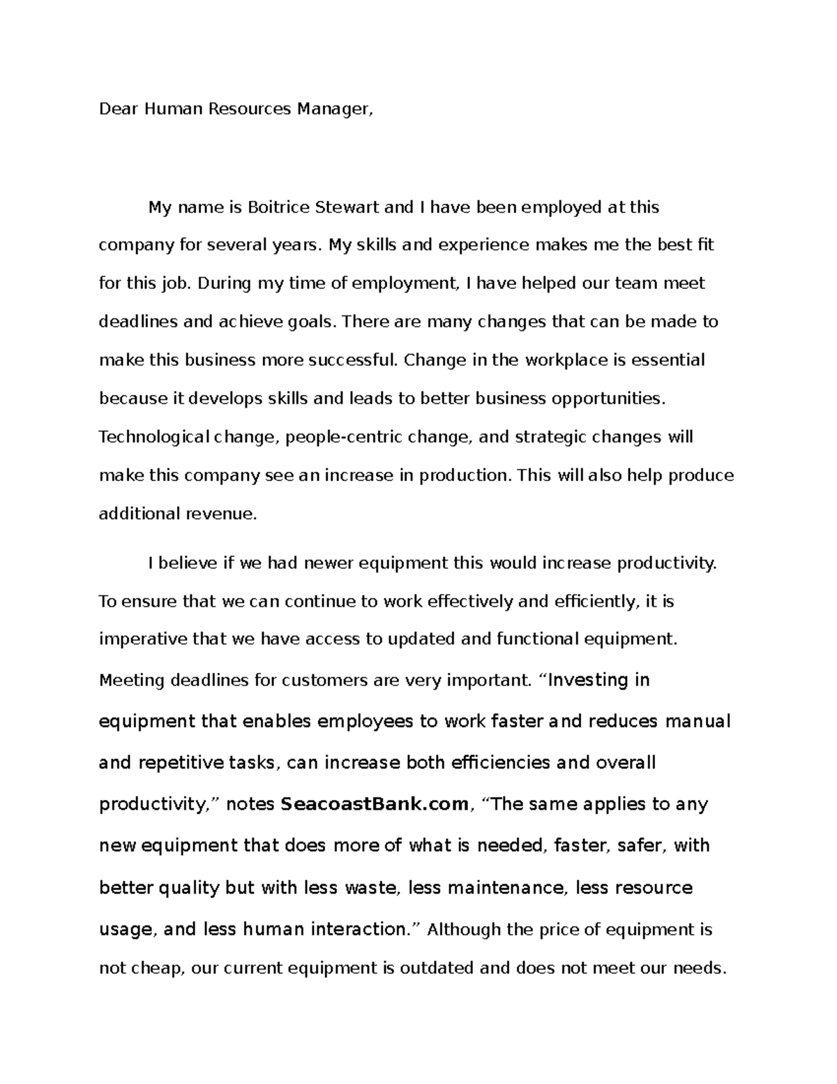 Week 5 - Assignment - Dear Human Resources Manager, My name is Boitrice ...