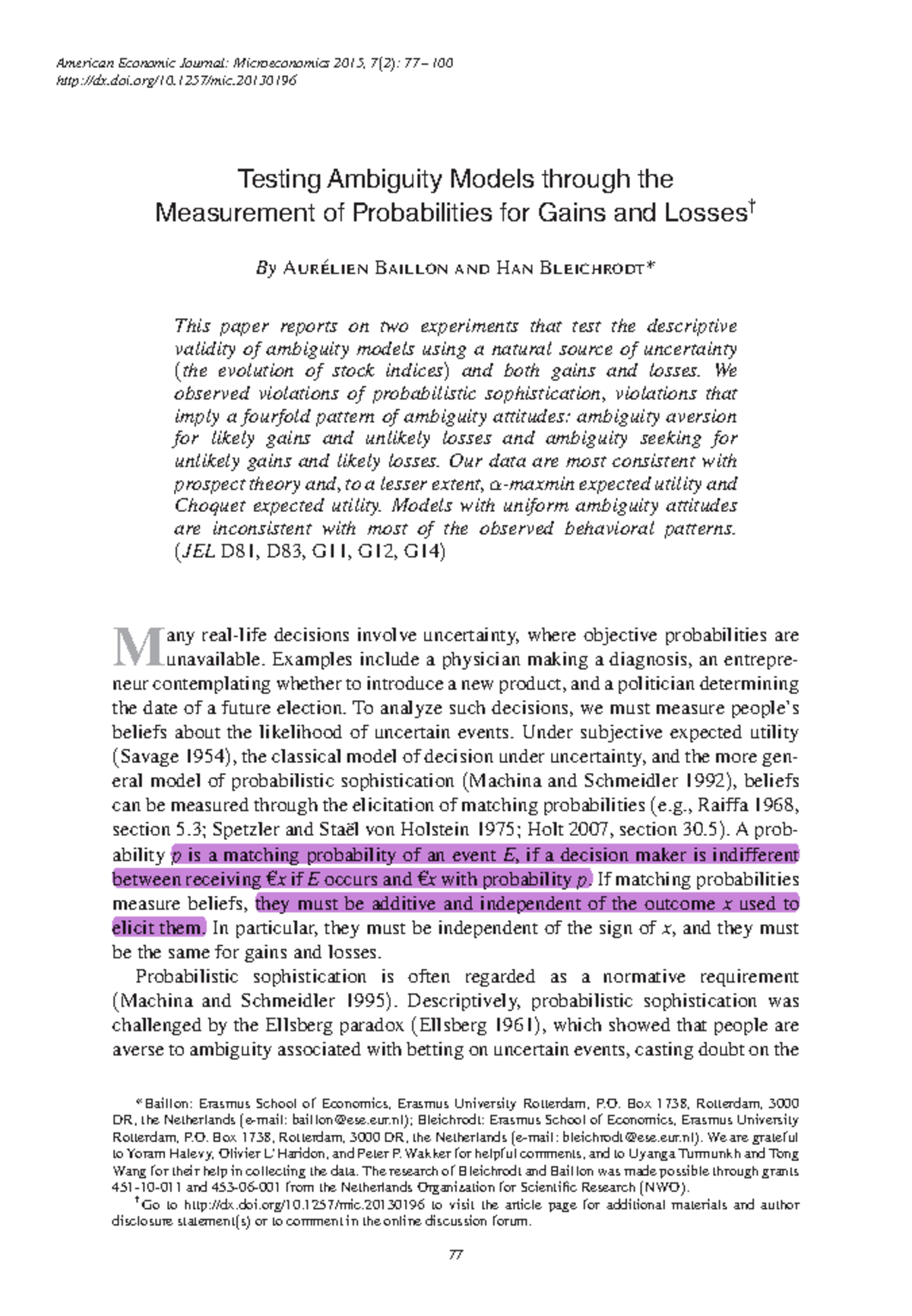 Testing Ambiguity Models - Experimental and Behavioral Economics ...