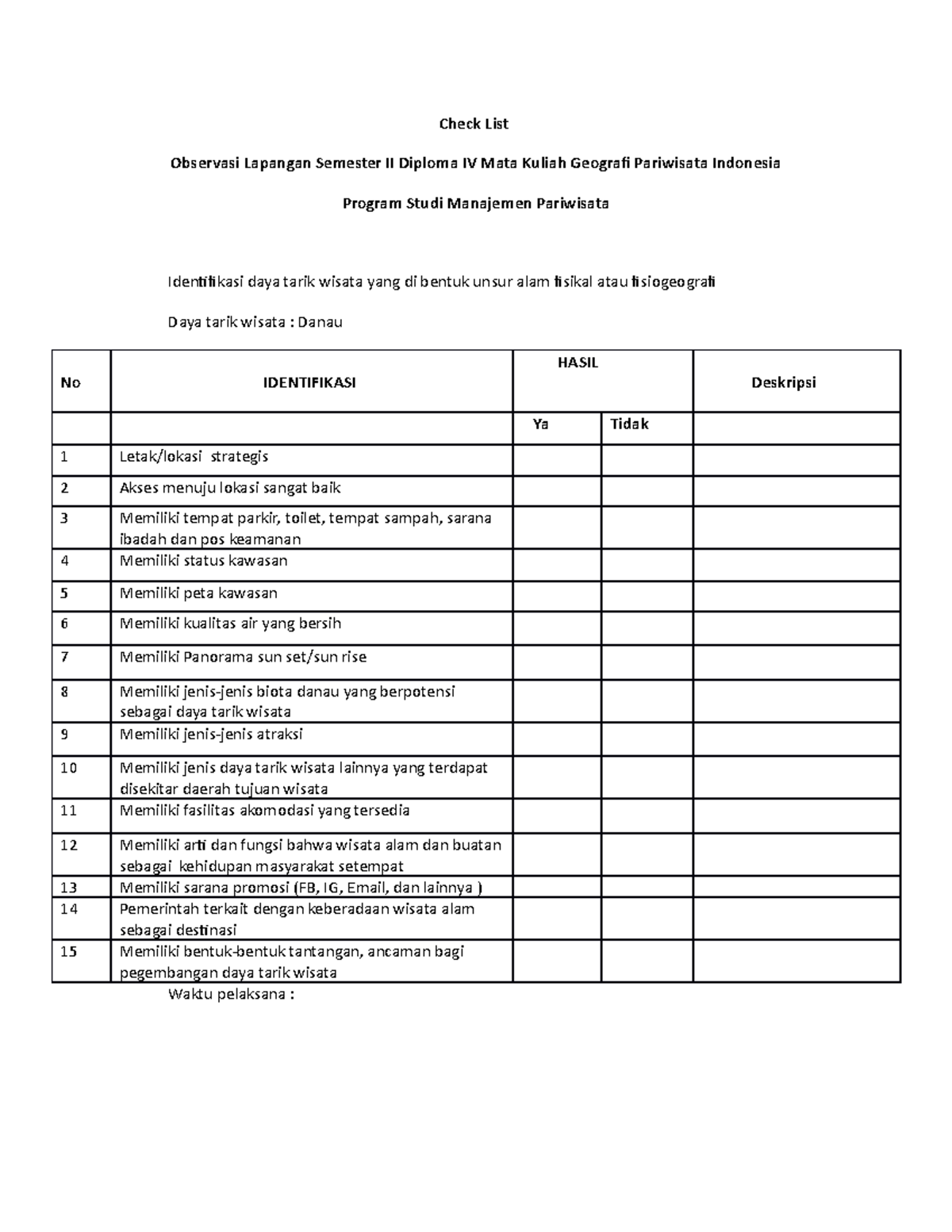 Observasi GPI - Check List Observasi Lapangan Semester II Diploma IV ...