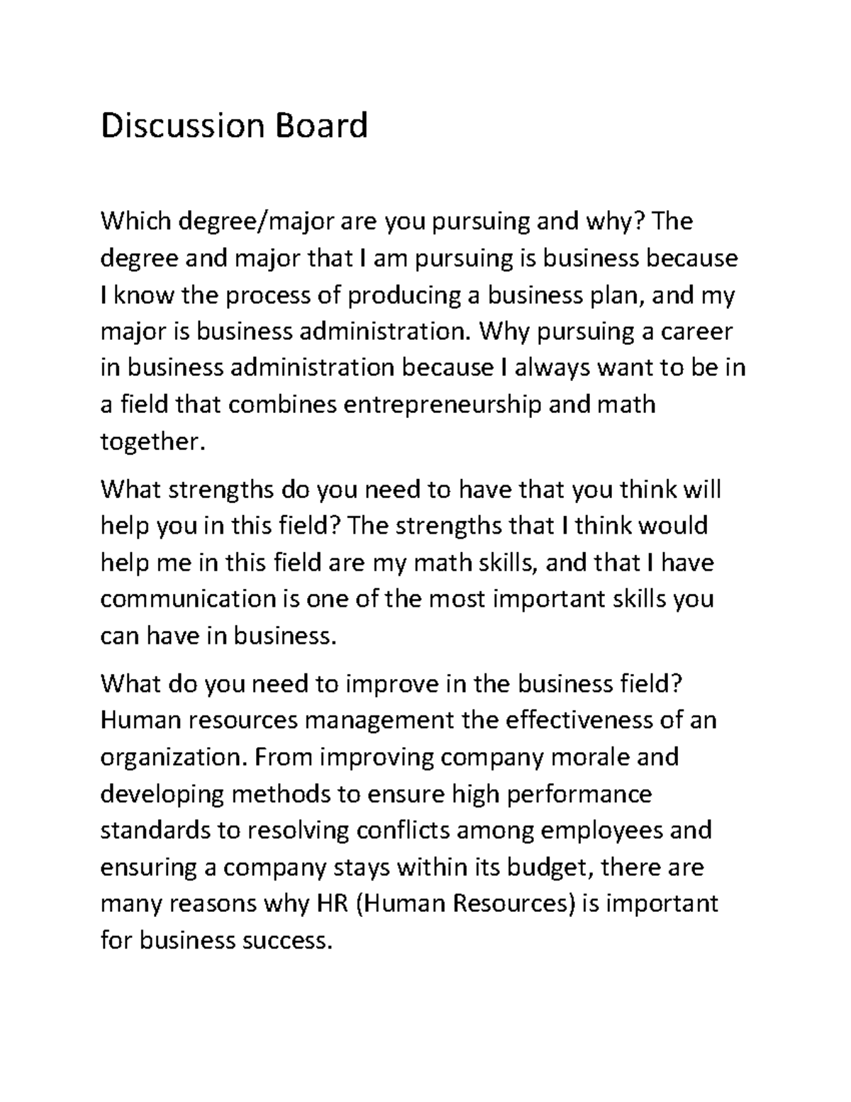 College Experience and Career Readiness Discussion Board - Discussion ...