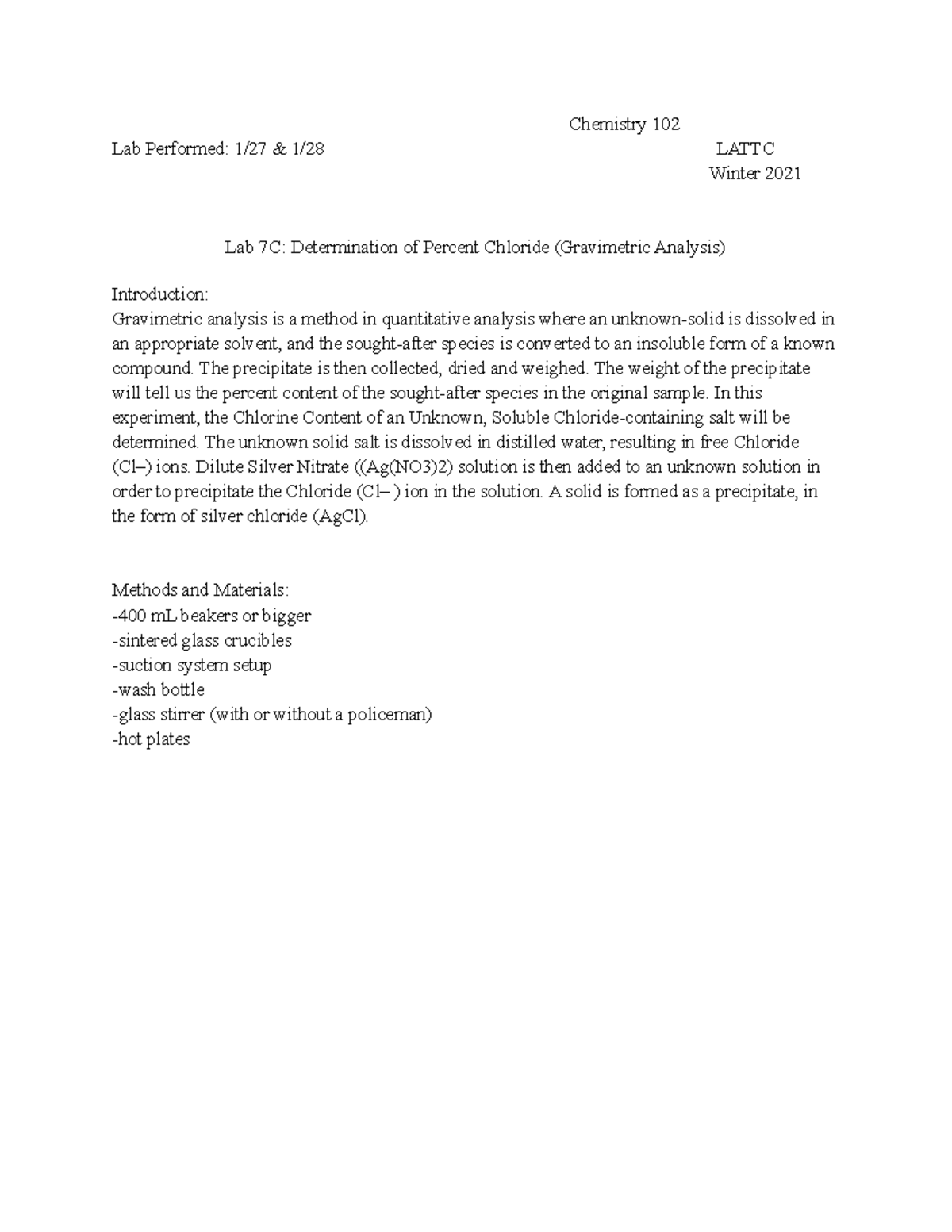 Chem 102 Lab 7C Determination of Percent Chloride (Gravimetric Analysis ...