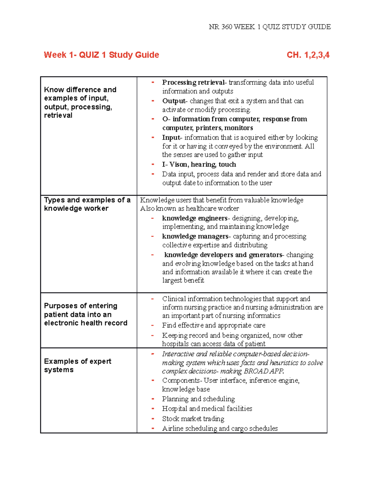 Week 1 quiz NR360 - study guide - NR 360 WEEK 1 QUIZ STUDY GUIDE Week 1- QUIZ 1 Study Guide CH ...