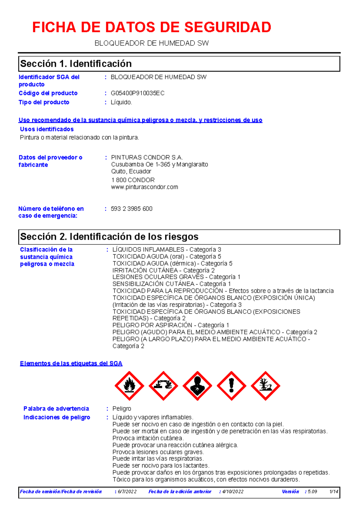 HOJA DE SEGURIDAD - FICHA DE DATOS DE SEGURIDAD Sección 1 ...