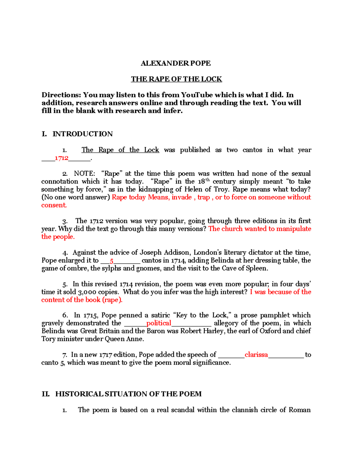 Alexander POPE Updated - ALEXANDER POPE THE RAPE OF THE LOCK Directions ...