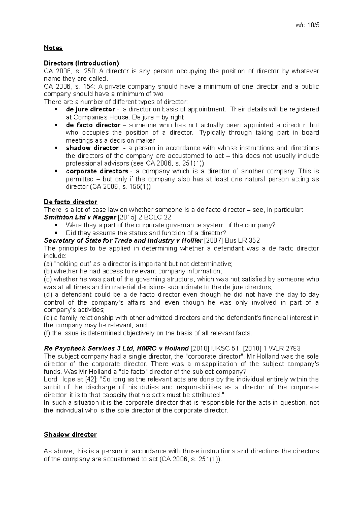 Directors' Duties & Remedies Notes - Notes Directors (Introduction) CA ...