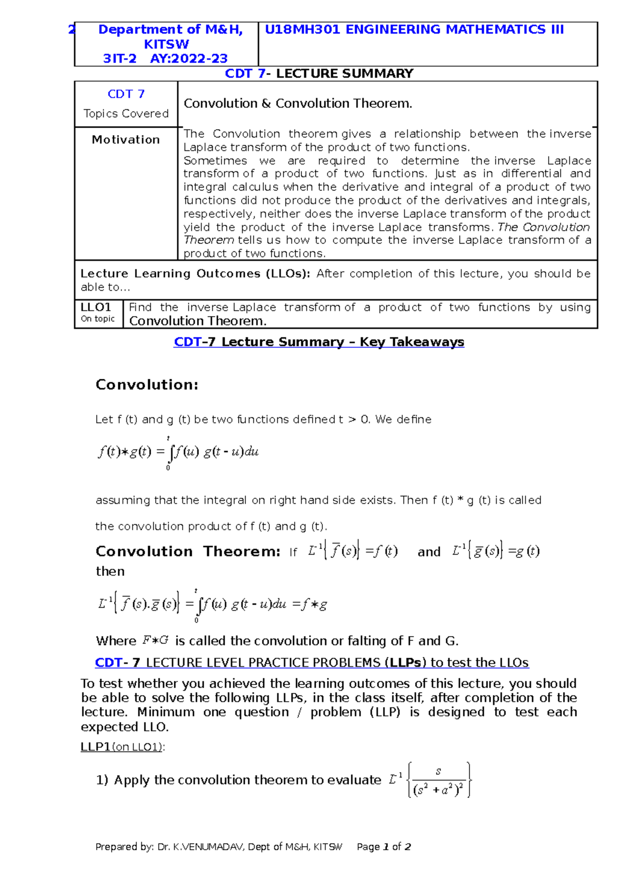 CDT7-Convolution Theorem - 2 Department of M&H, KITSW 3IT-2 AY:2022 ...