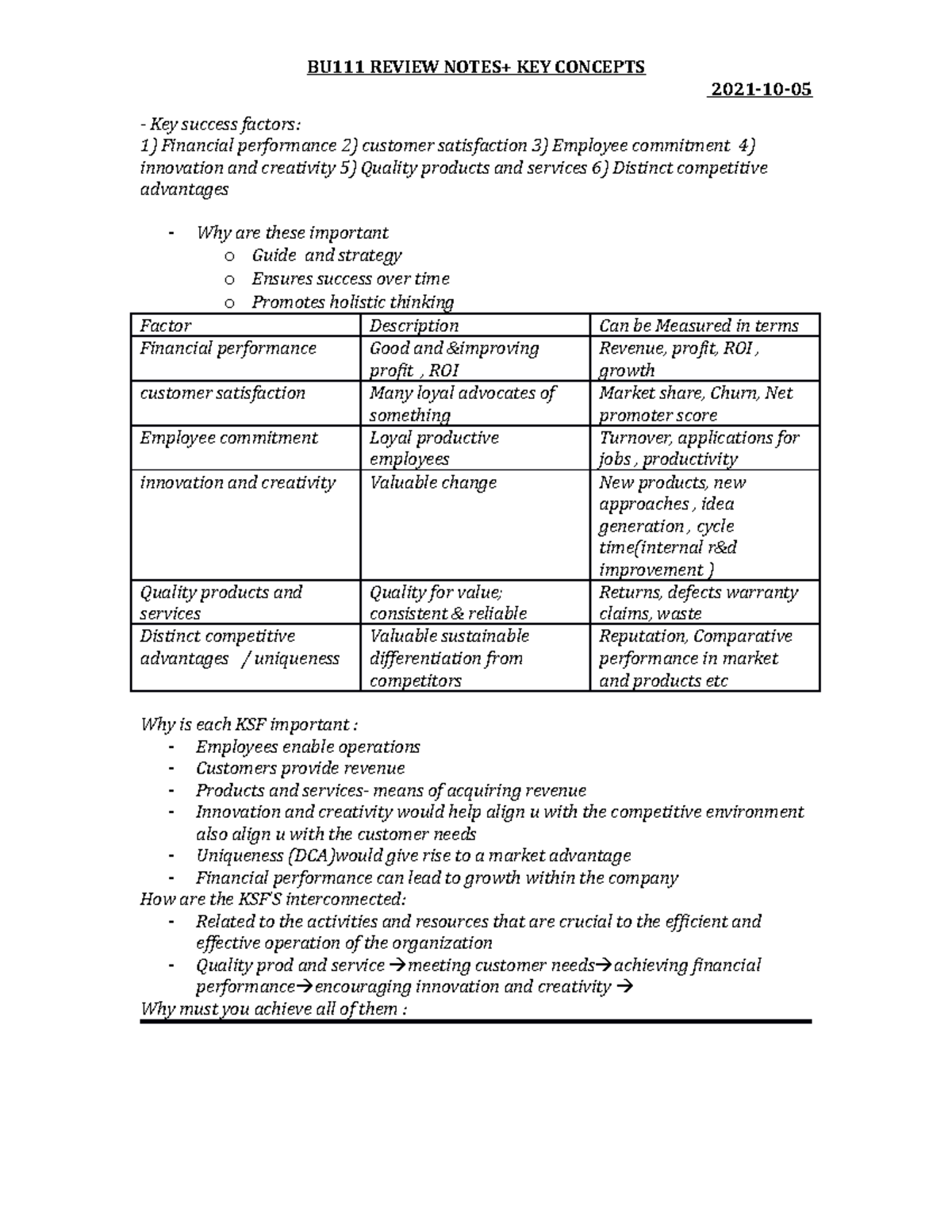 BU111 midterm notes - 2021-10- Key success factors: Financial ...