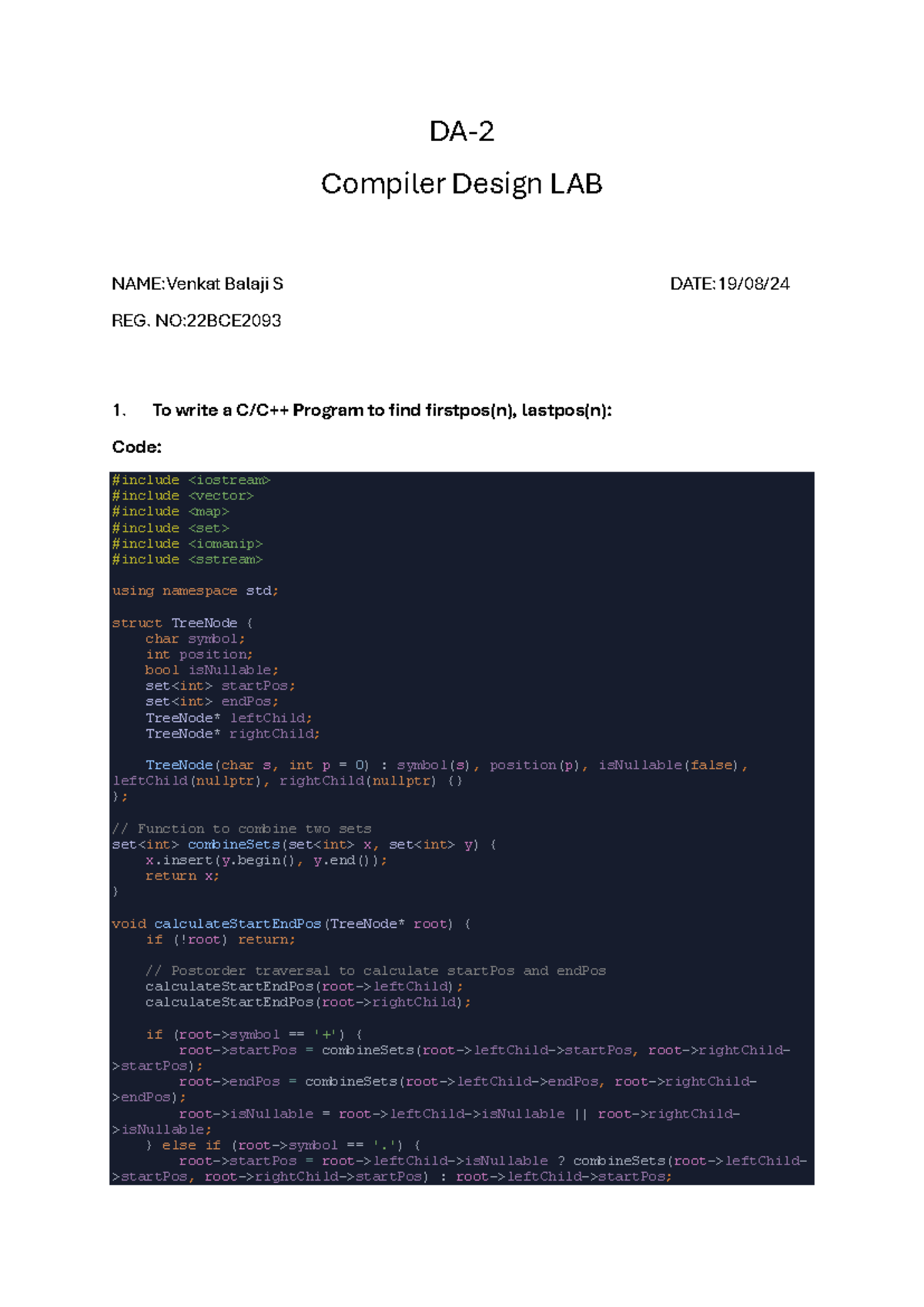 CDDA2 - DA1 - DA- Compiler Design LAB NAME:Venkat Balaji S DATE:19/08/ REG. NO:22BCE 1. To write ...