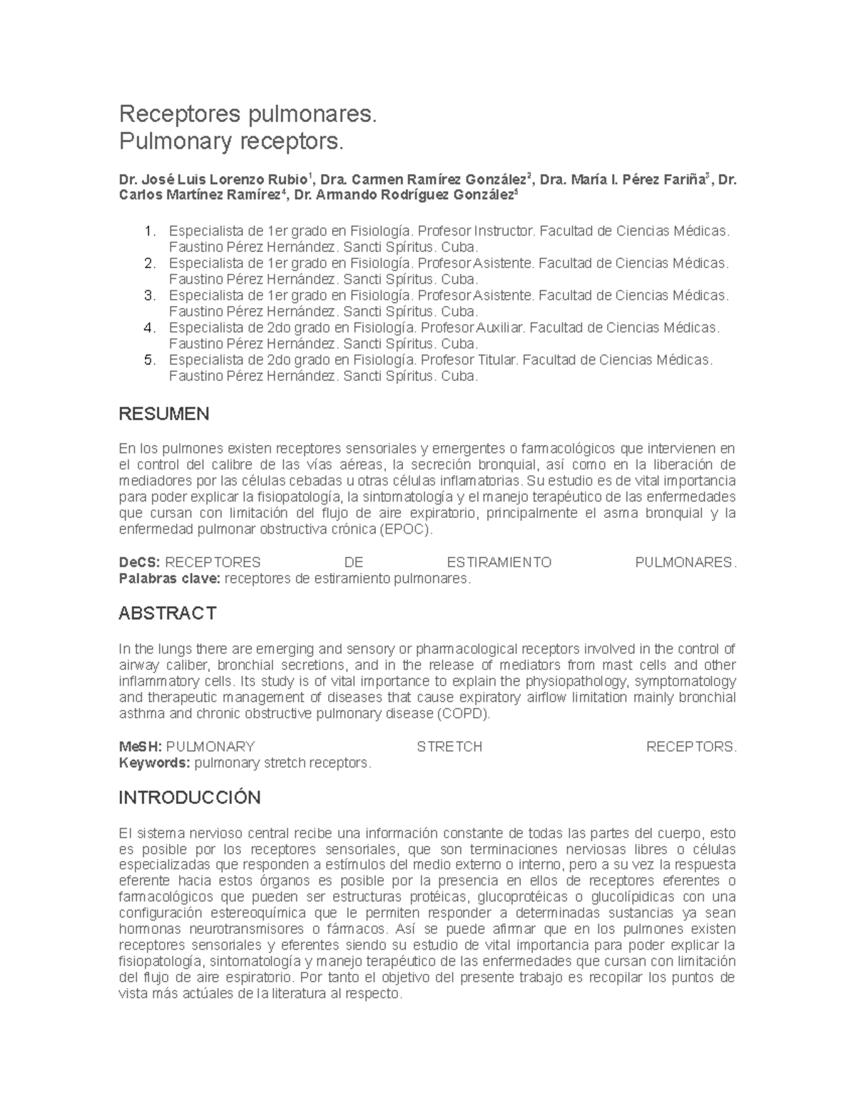 Receptores Pulmonares - Pulmonary receptors. Dr. José Luis Lorenzo ...
