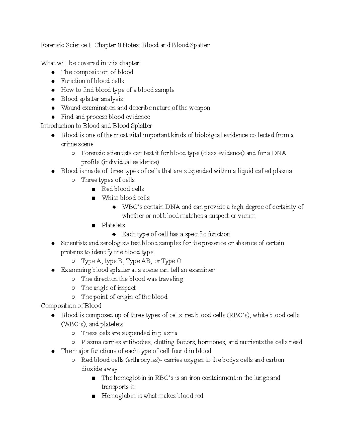Forensic Science I Chapter 8 Notes Blood and Blood Spatter - WBC’s find ...