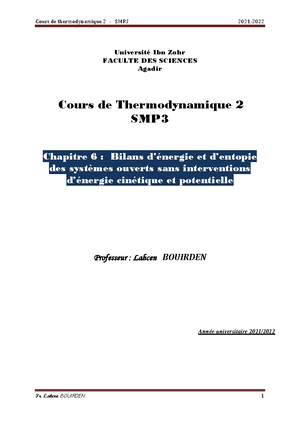 Chapitre 5 Systeme Ouvert - Chapitre 5 : Thermodynamique des systèmes ouverts I. Introduction ...