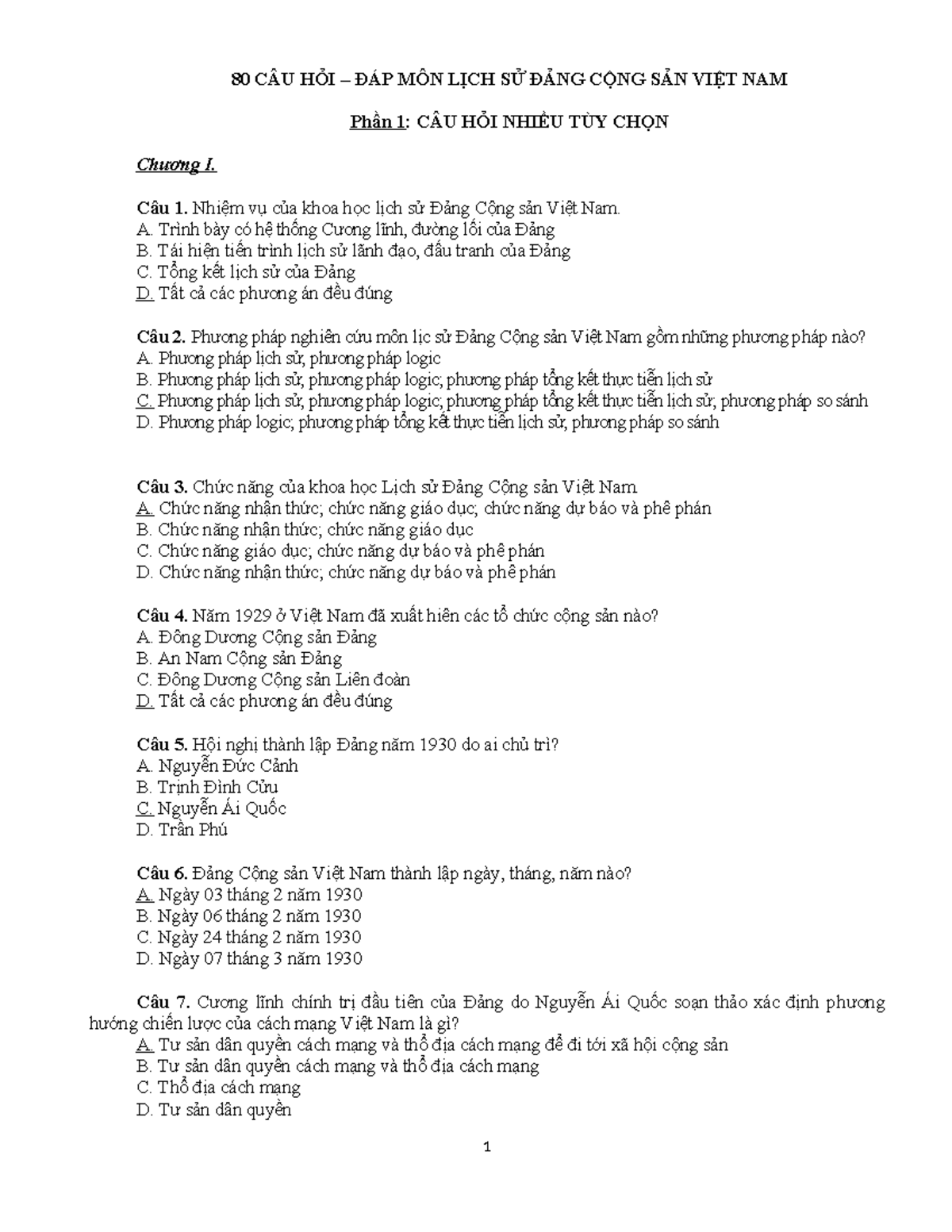 His362-thầy-thanh - decuong - 80 CÂU HỎI – ĐÁP MÔN LỊCH SỬ ĐẢNG CỘNG SẢN VIỆT NAM Phần 1: CÂU ...