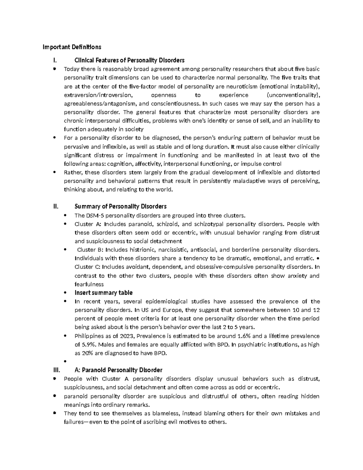 Chapter 10 Personality Disorders Notes - Important Definitions I ...