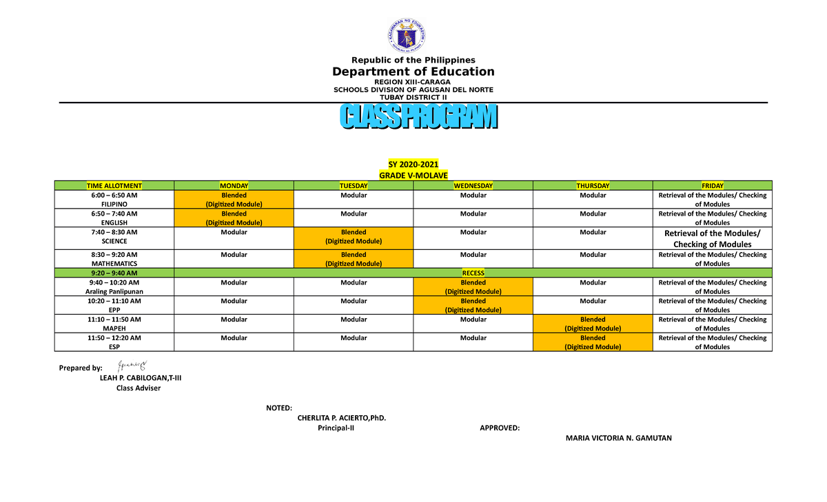 Grade-class-program-2020-2021 - Filipino - Studocu