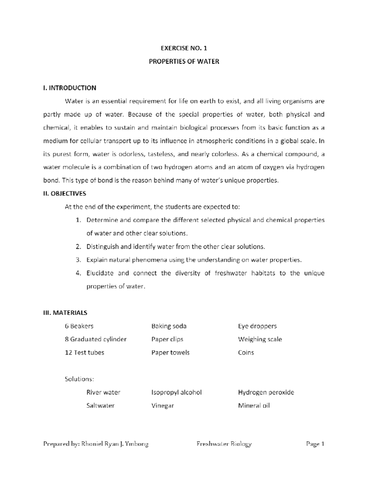 Exercise - Properties of water - PROP 102 - Studocu