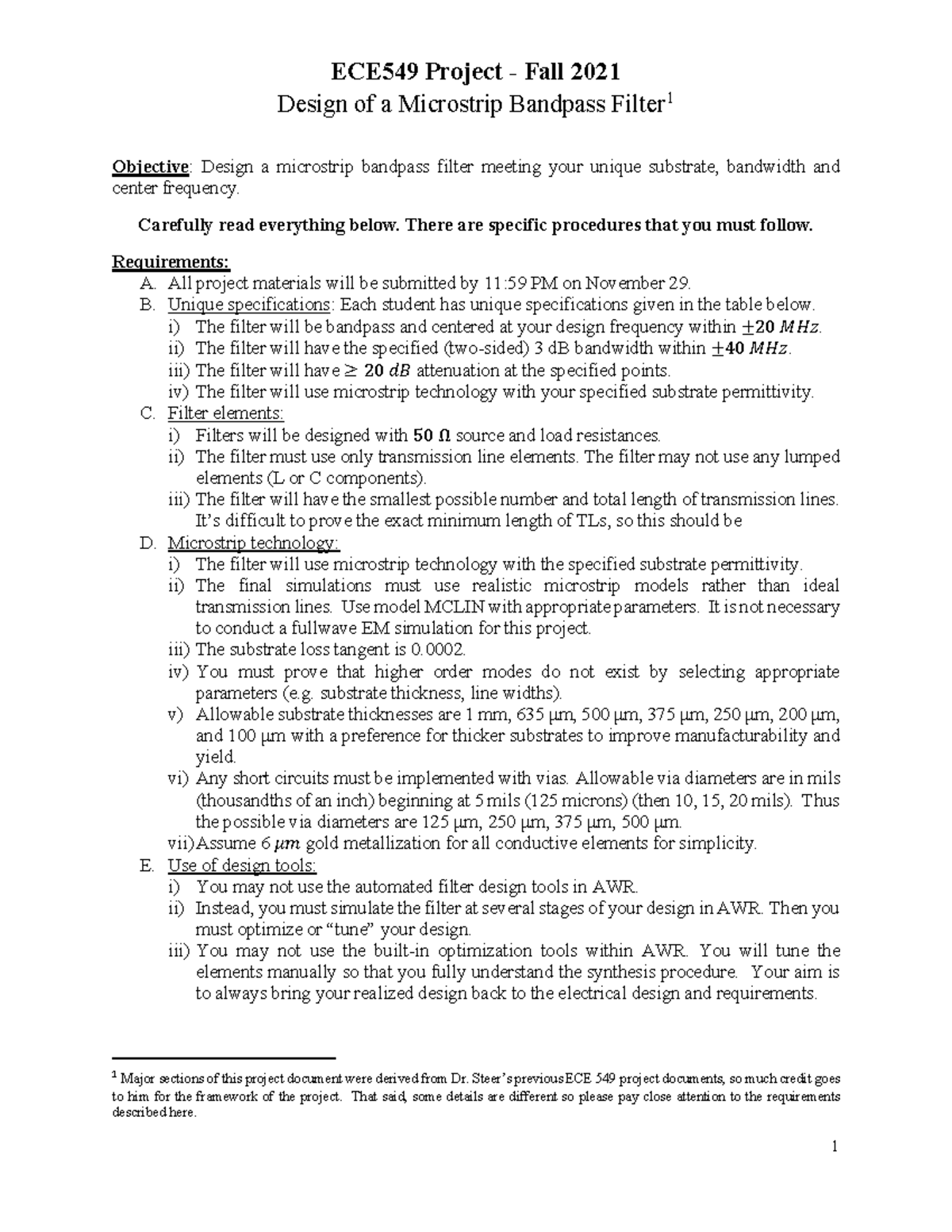 ECE549 Project Requirements Fall 2021 - ECE549 Project - Fall 2021 Design of a Microstrip ...