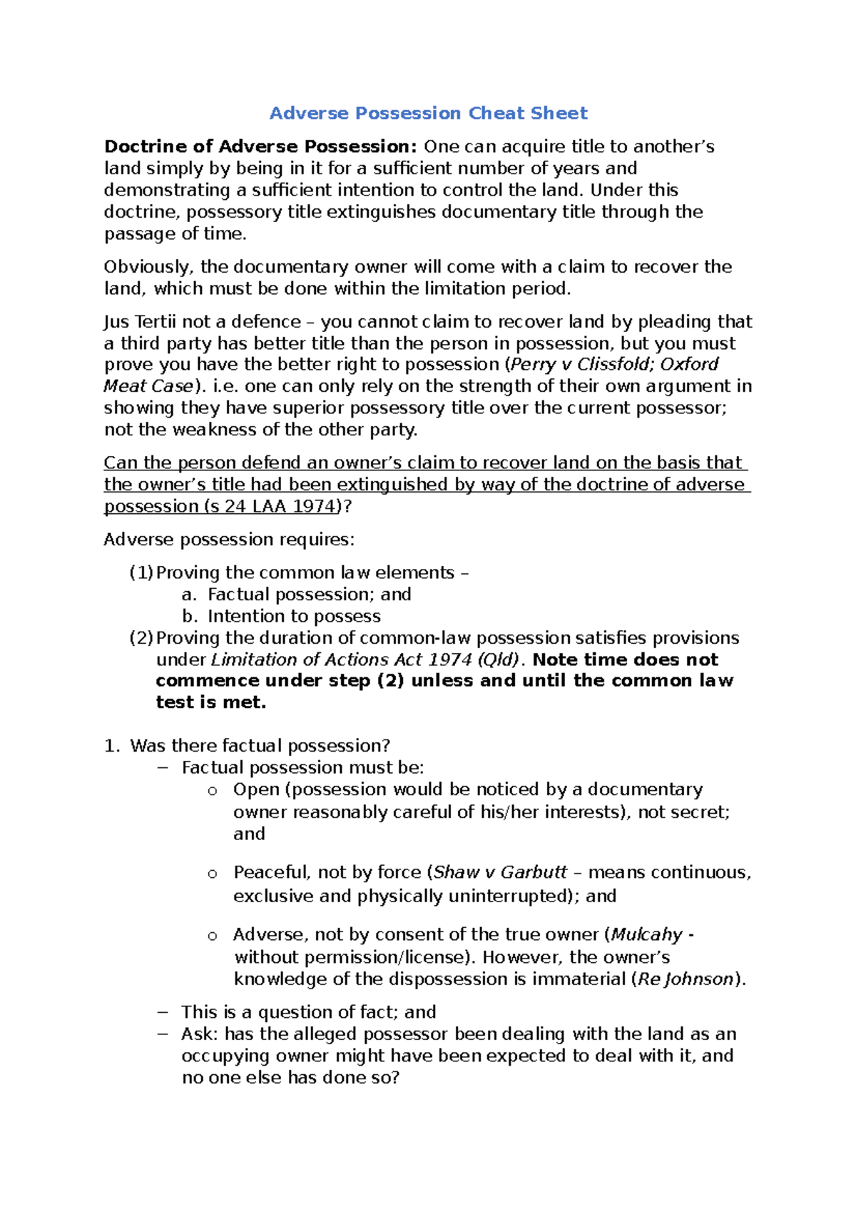 Adverse Possession Cheat Sheet - Adverse Possession Cheat Sheet ...