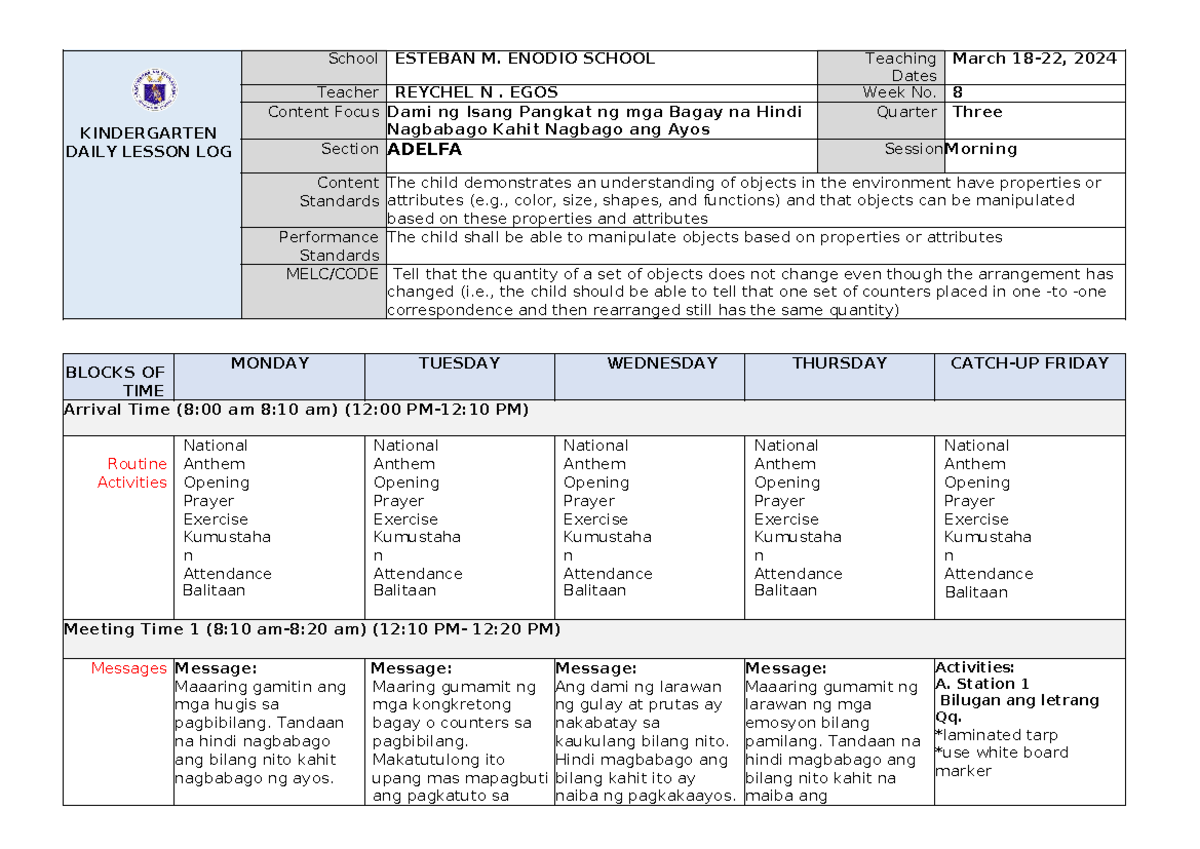 Kinder DLL Q3 WEEK 8 - KINDERGARTEN DAILY LESSON LOG School ESTEBAN M ...