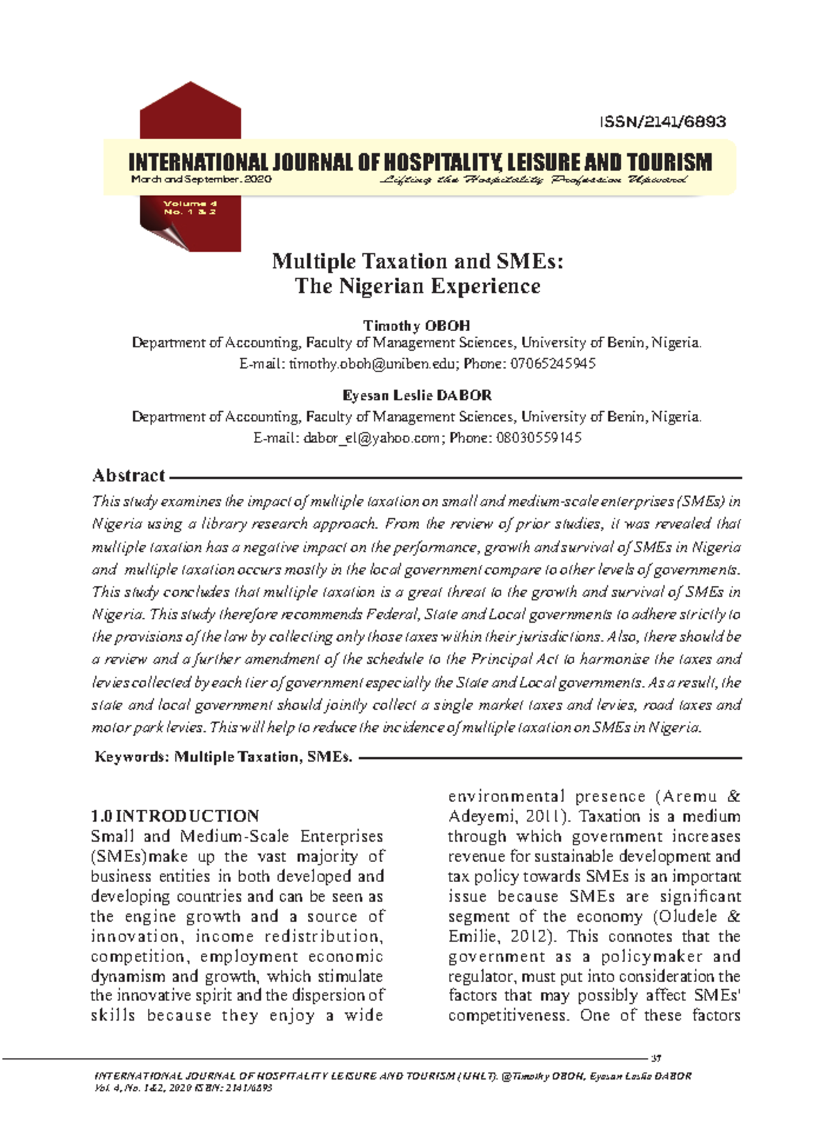 NO 3 Multiple Taxation and SMEs - Timothy OBOH Department of Accounting ...