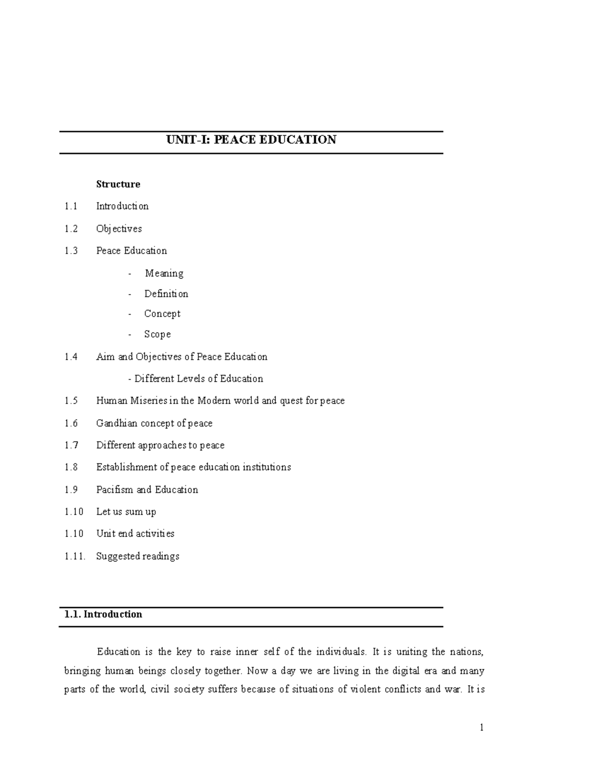 Peace-education-1 - Ethics - UNIT-I: PEACE EDUCATION Structure 1 ...
