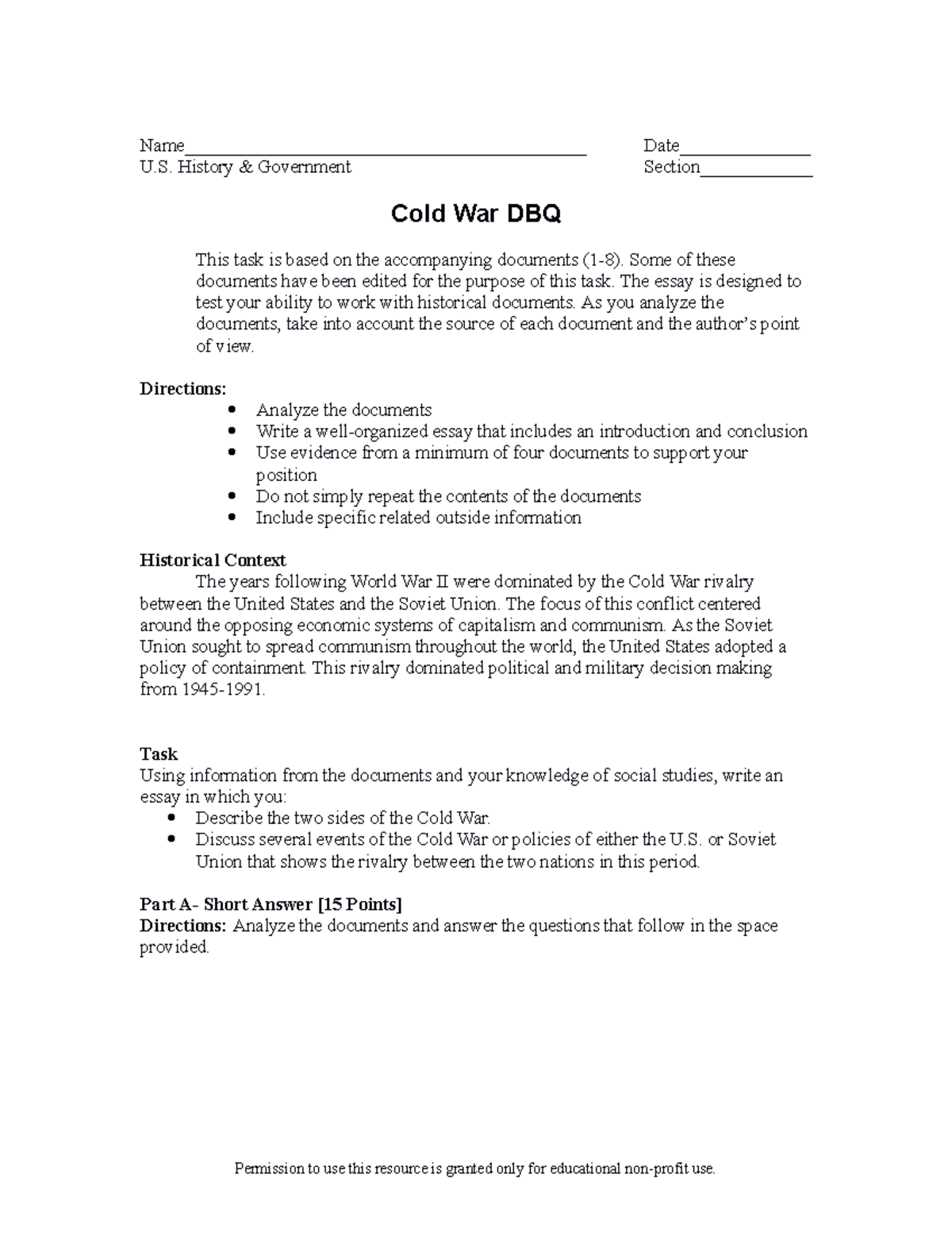 COLD WAR DBQ - Layout of DBQ for print outs - Name