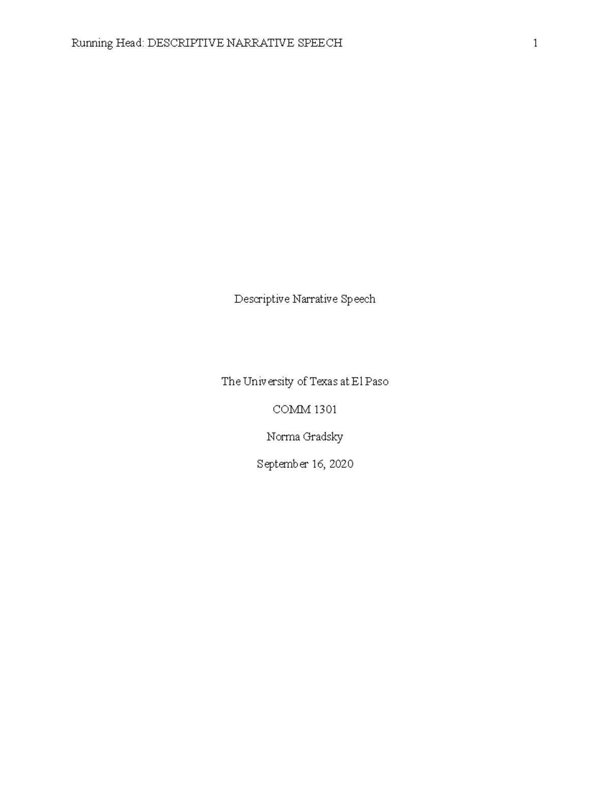 Descriptive Narrative Speech Outline - Running Head: DESCRIPTIVE ...